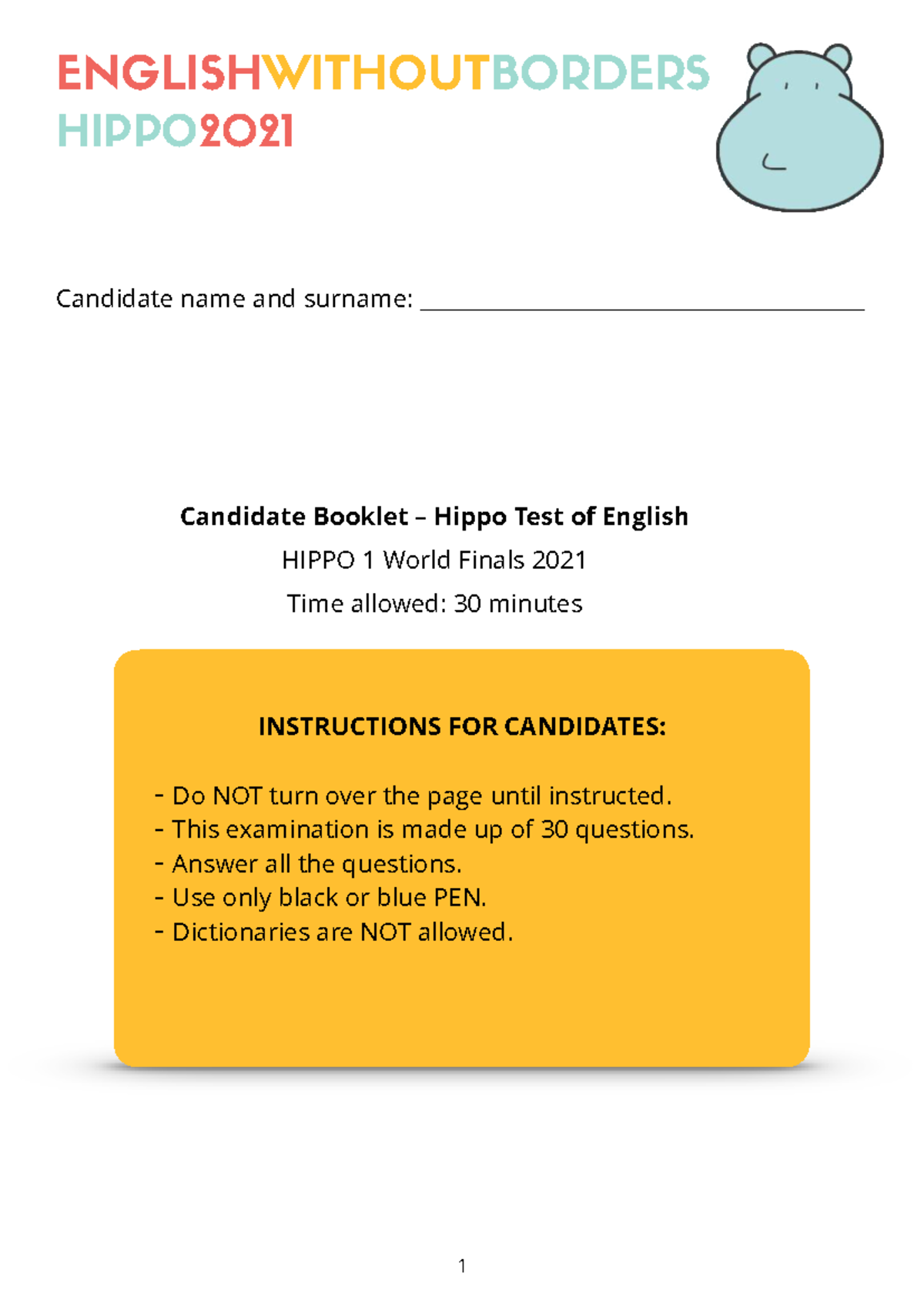 ENGLISH WITHOUT BORDERS: HIPPO 2021 Candidate Booklet - Studocu