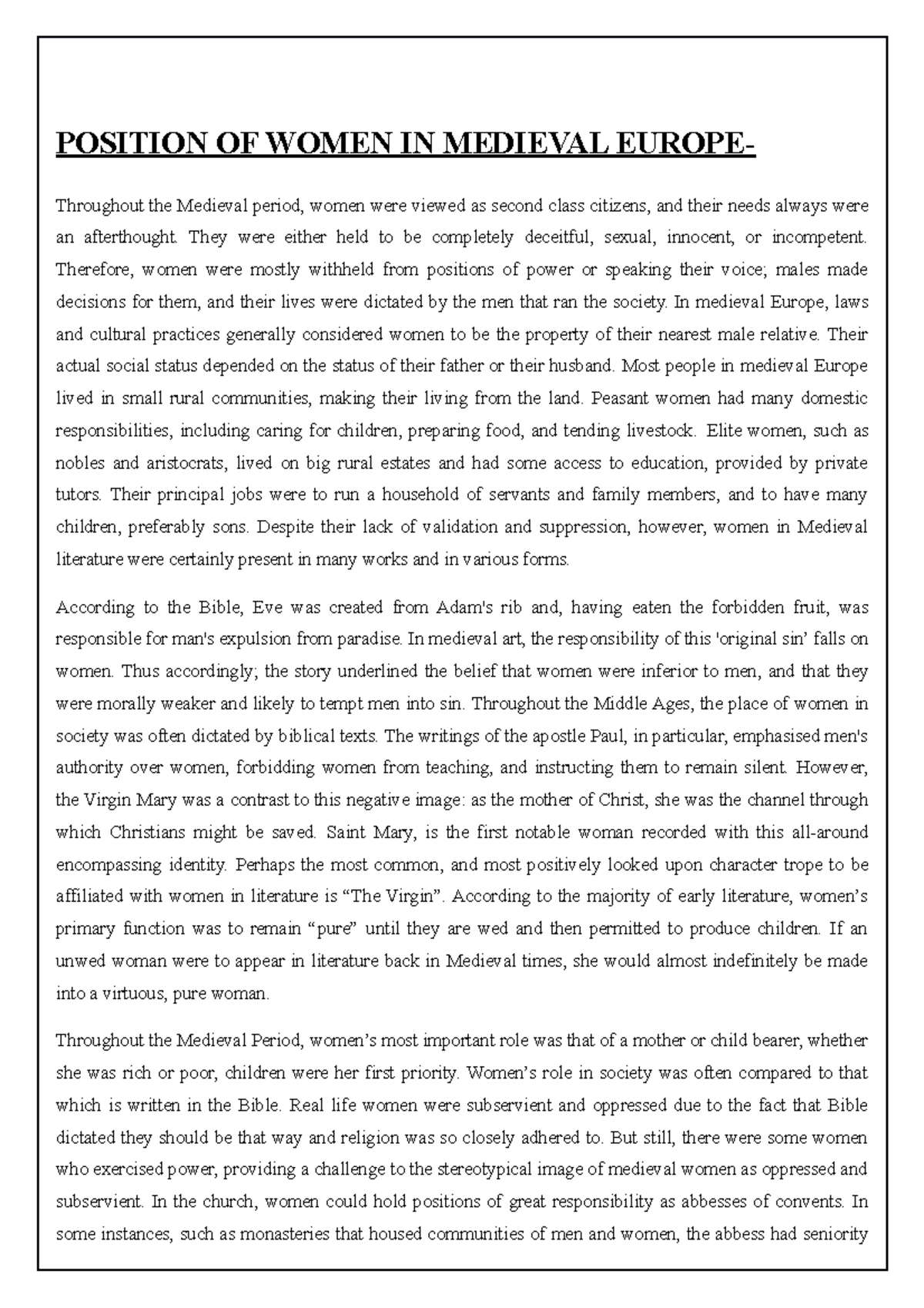 Position of women in medieval europe - POSITION OF WOMEN IN MEDIEVAL ...