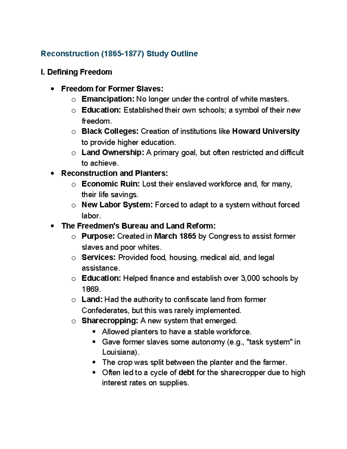 Reconstruction and Gilded Age: A Study Outline (HIST 101) - Studocu