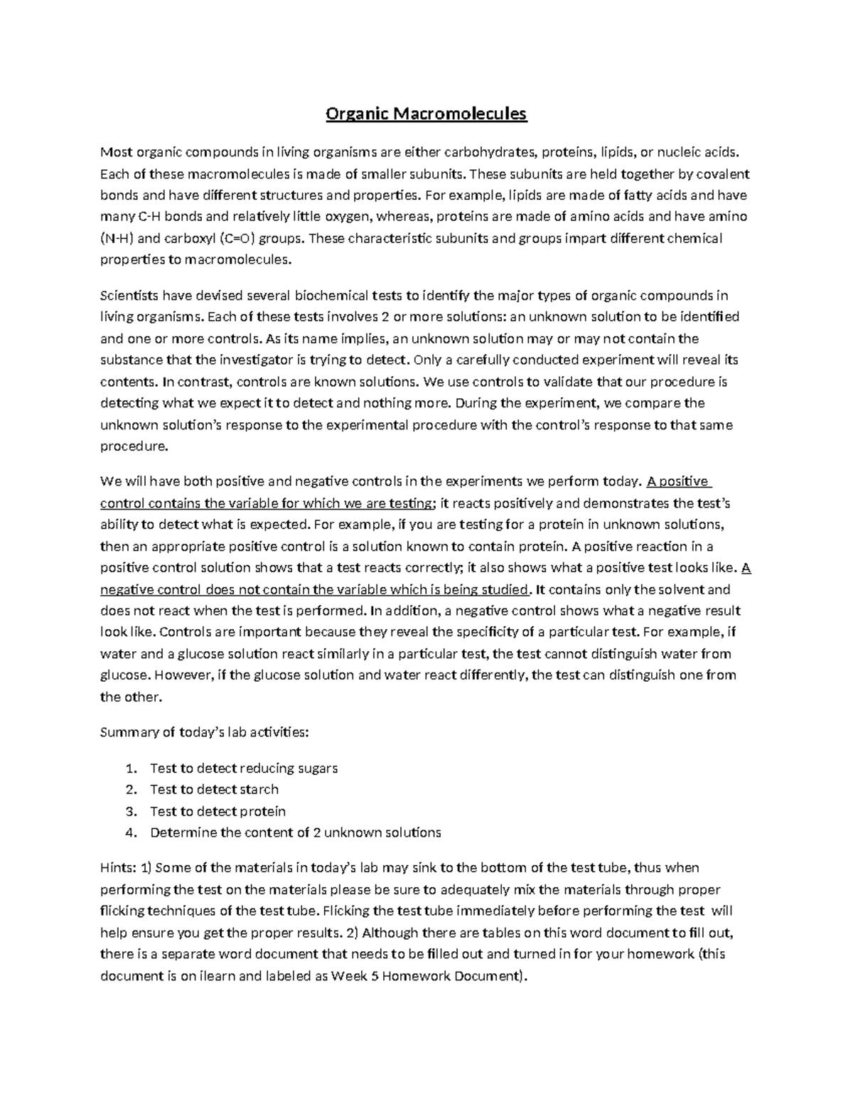 Organic Macromolecules Lab Packet: Identifying Carbs, Proteins & Lipids ...