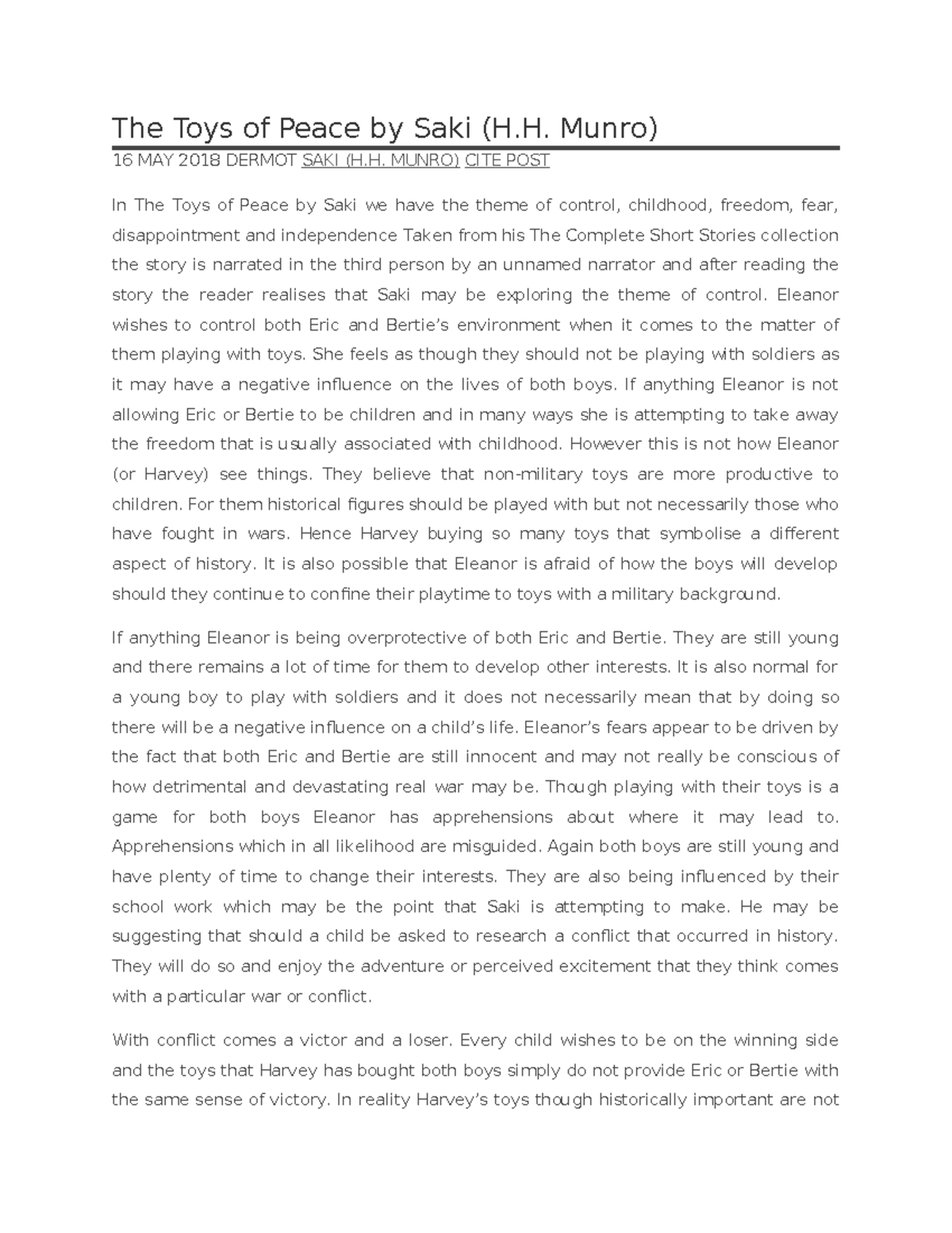 Analysis of Themes in "The Toys of Peace" by Saki (H.H. Munro) - Studocu