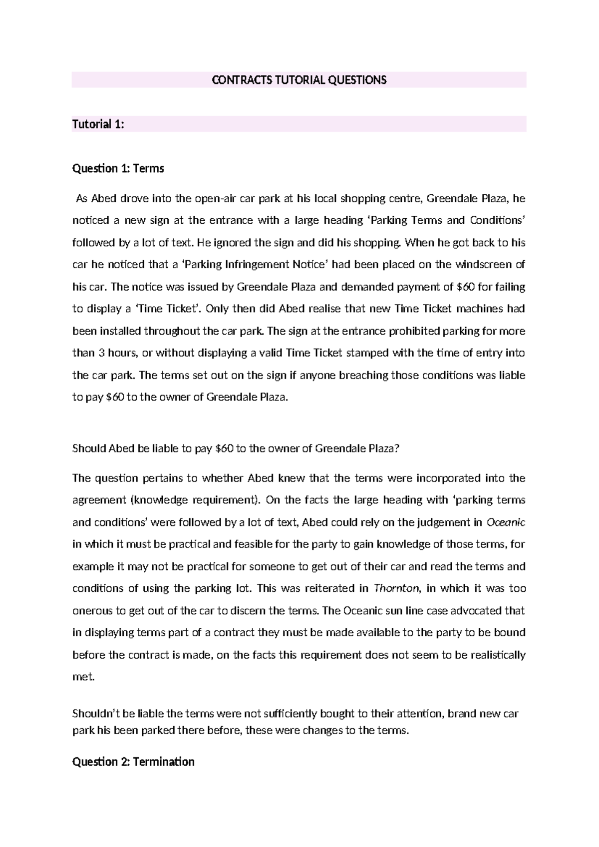 Contracts Tutorial Questions - Legal Analysis and Discussion - Studocu