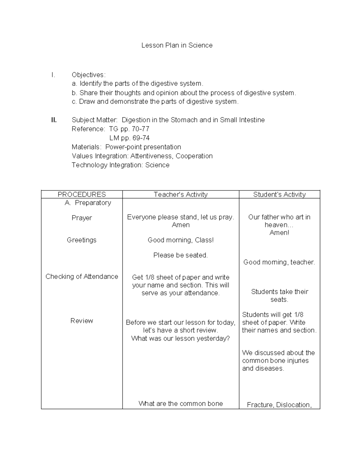 Science I Lesson Plan: Understanding the Digestive System - Studocu