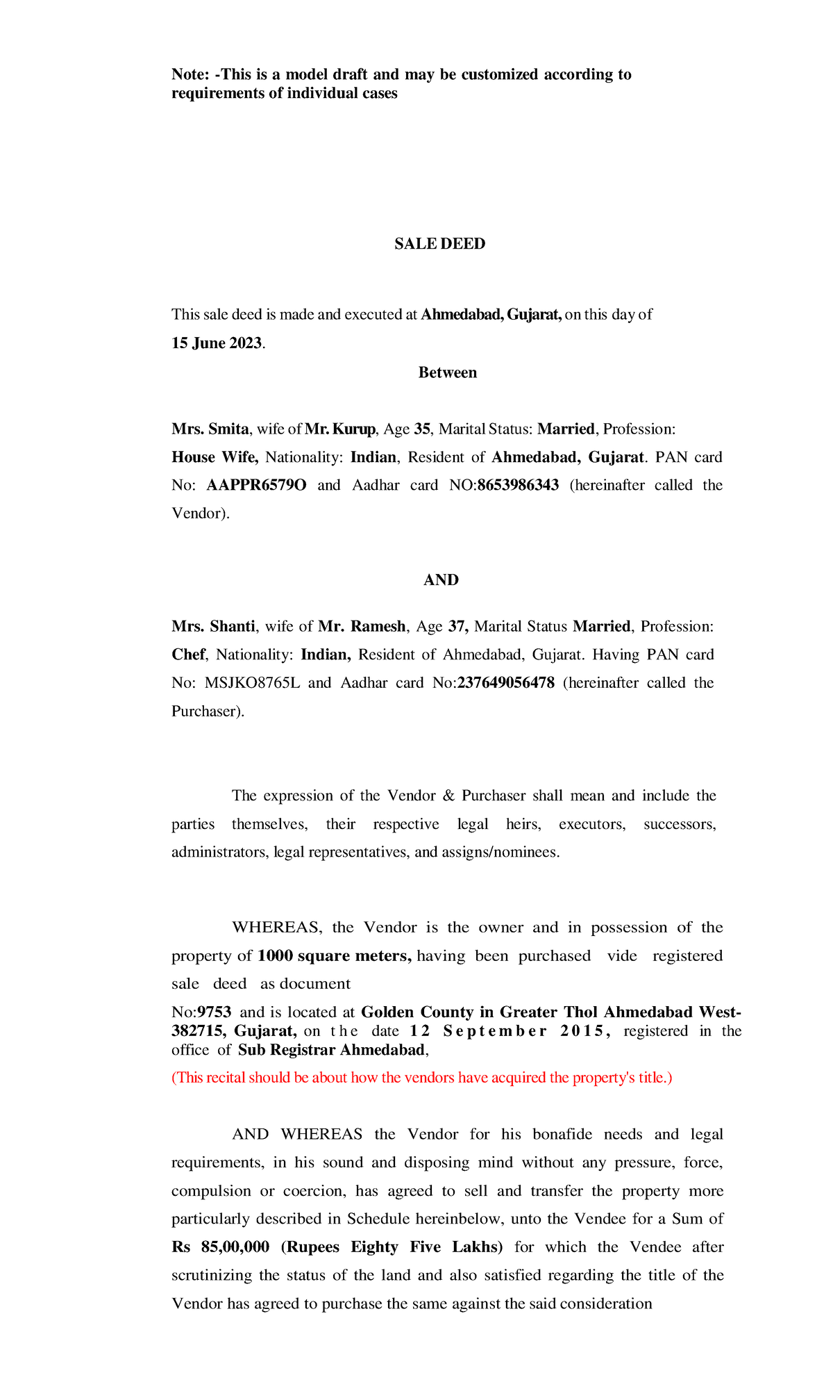 Sale Deed Drafting Exercise - Model Template and Guidelines - Studocu