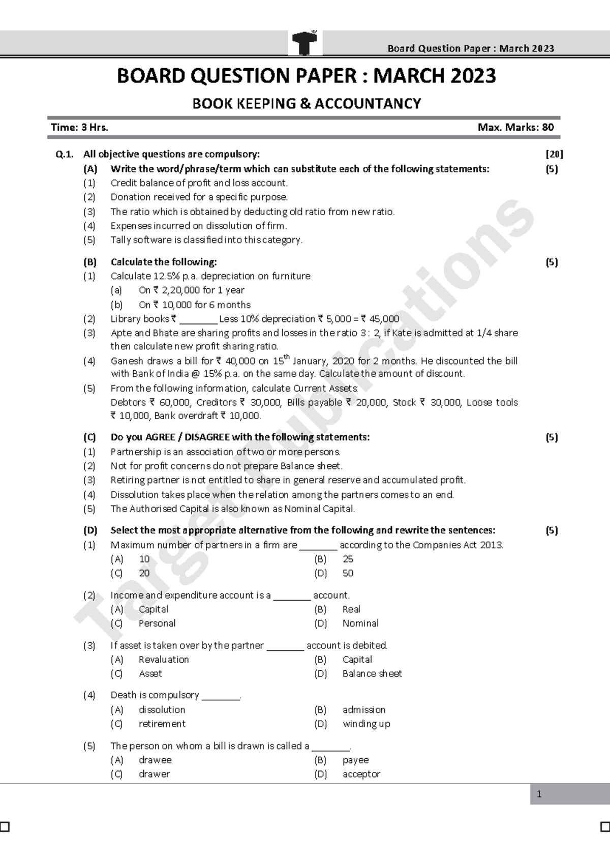 BK Board Question Paper: Book Keeping & Accountancy - March 2023 - Studocu