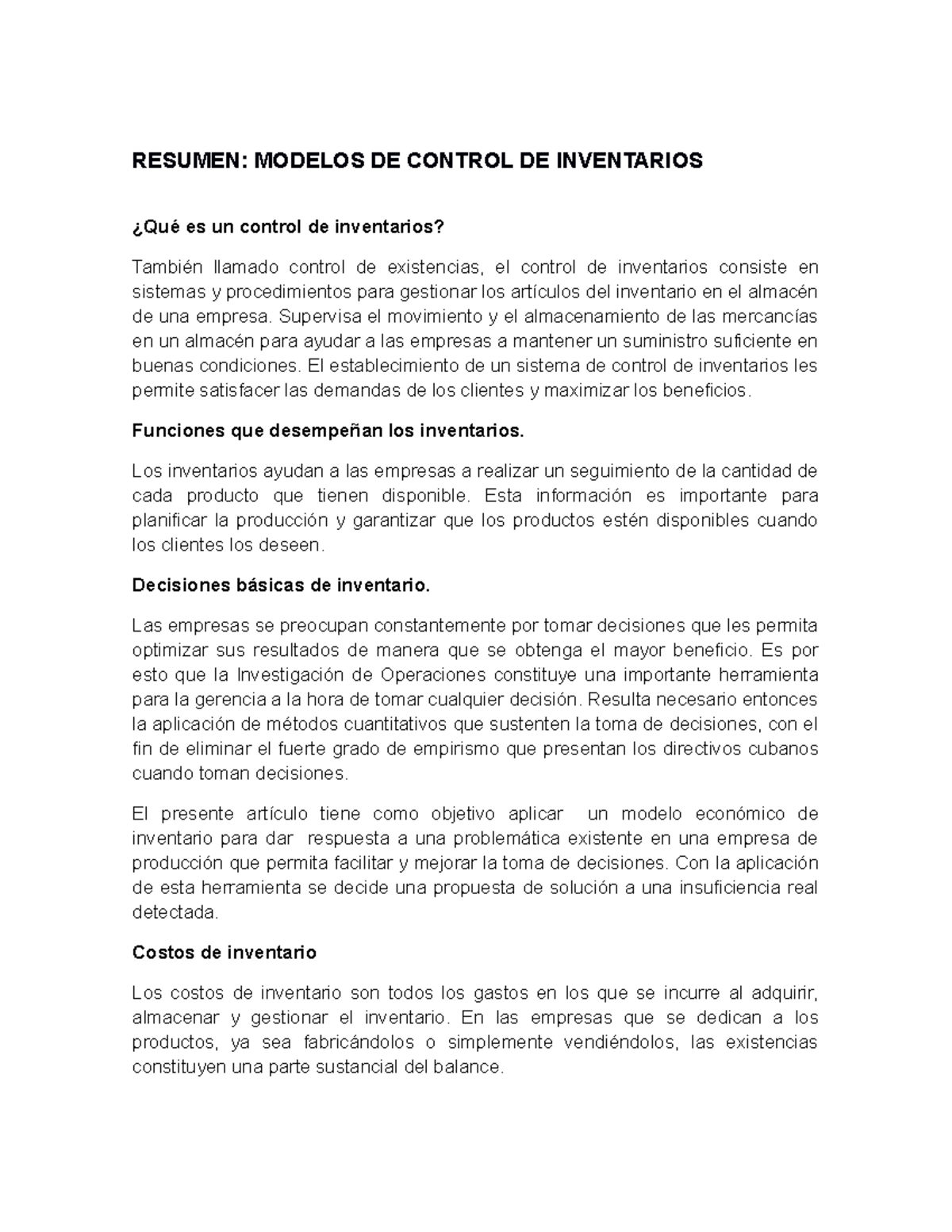 Modelos de Control de Inventarios: Optimización y Estrategias - Studocu
