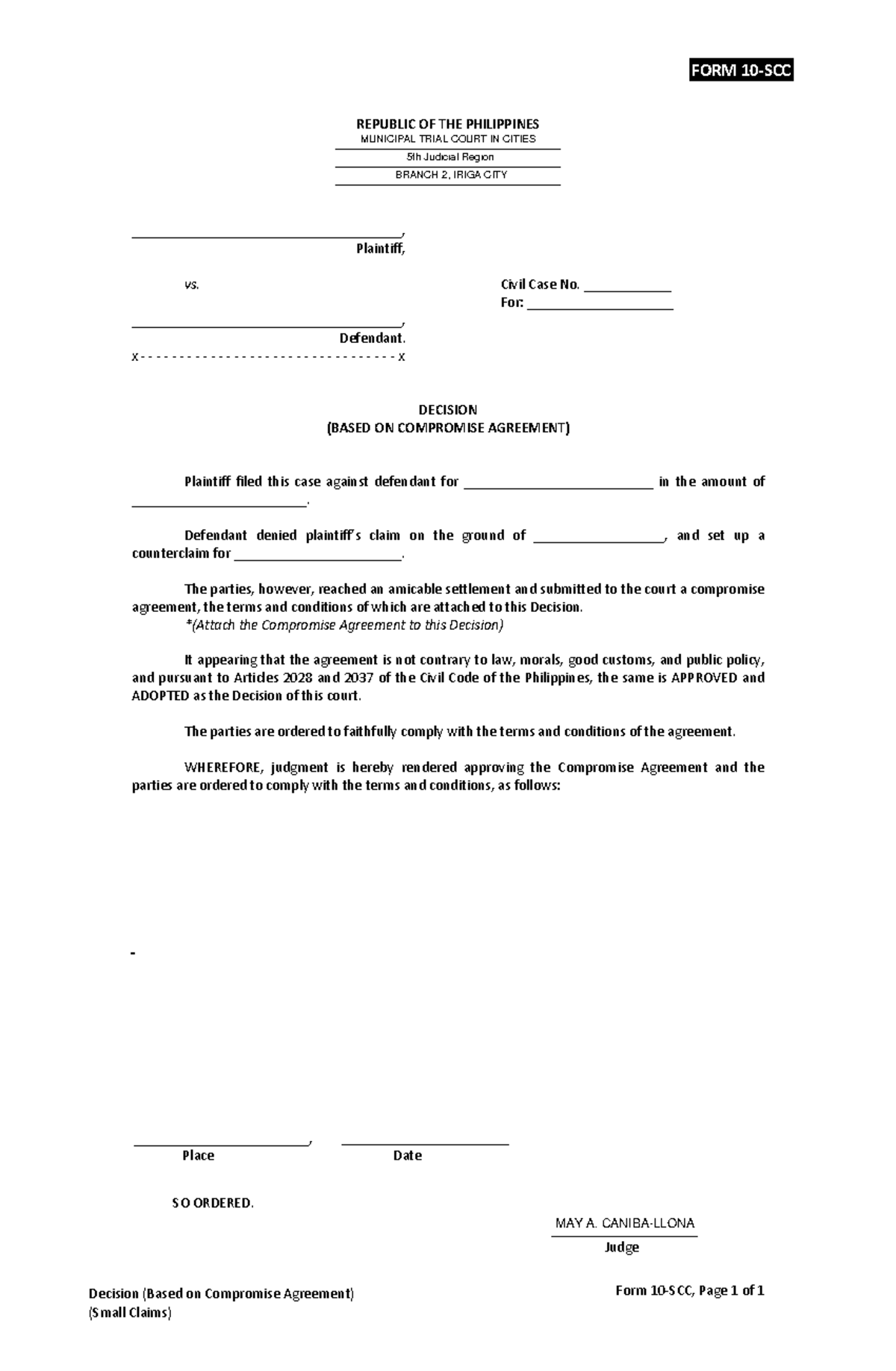 FORM 10 SCC Compromise Agreement Decision (Small Claims) - Studocu