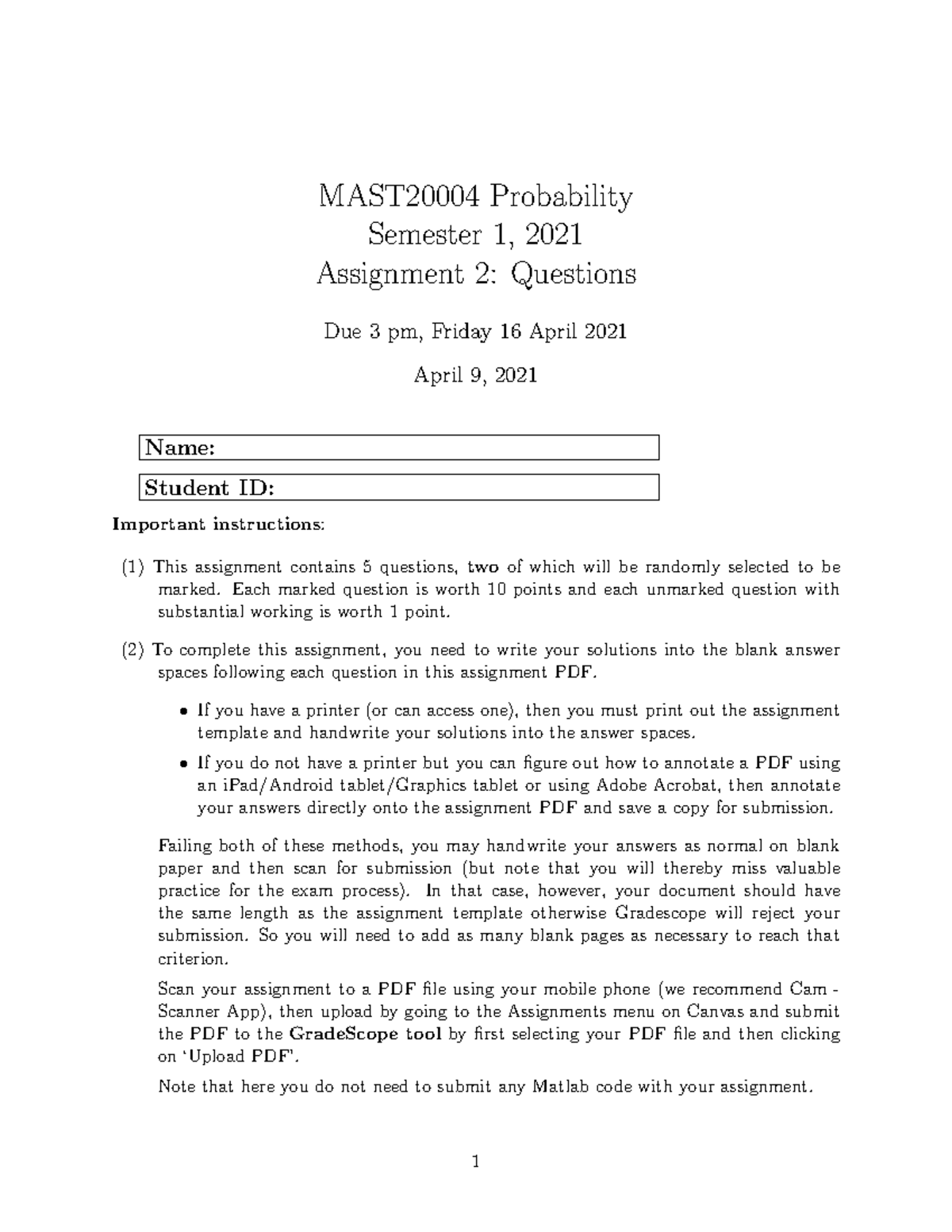 MAST2000 4 A2 SM1 2021 Q - Assignment 2 2021 - MAST20004 Probability ...