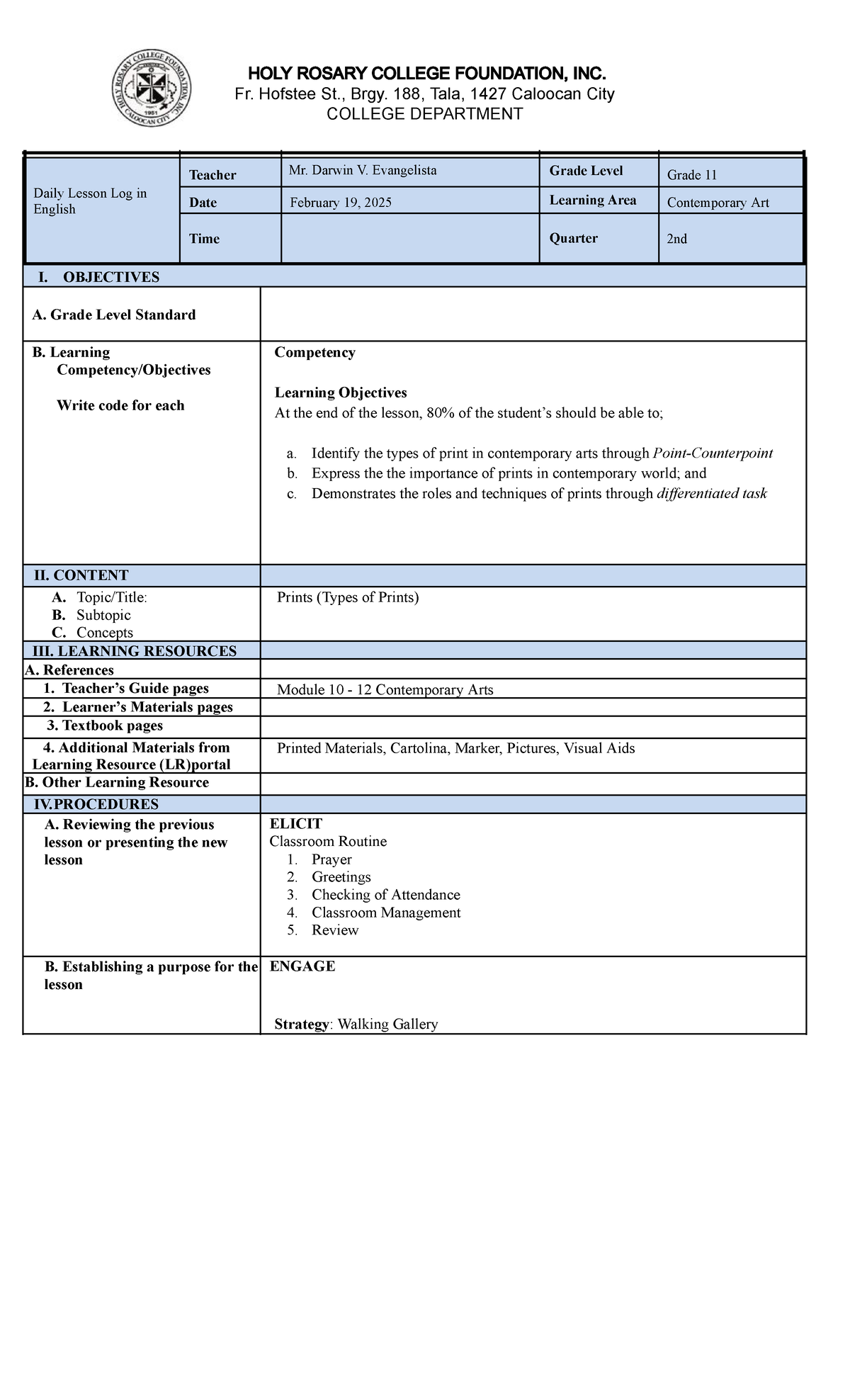 Final Demo LP - Grade 11 English Lesson Plan on Contemporary Art - Studocu