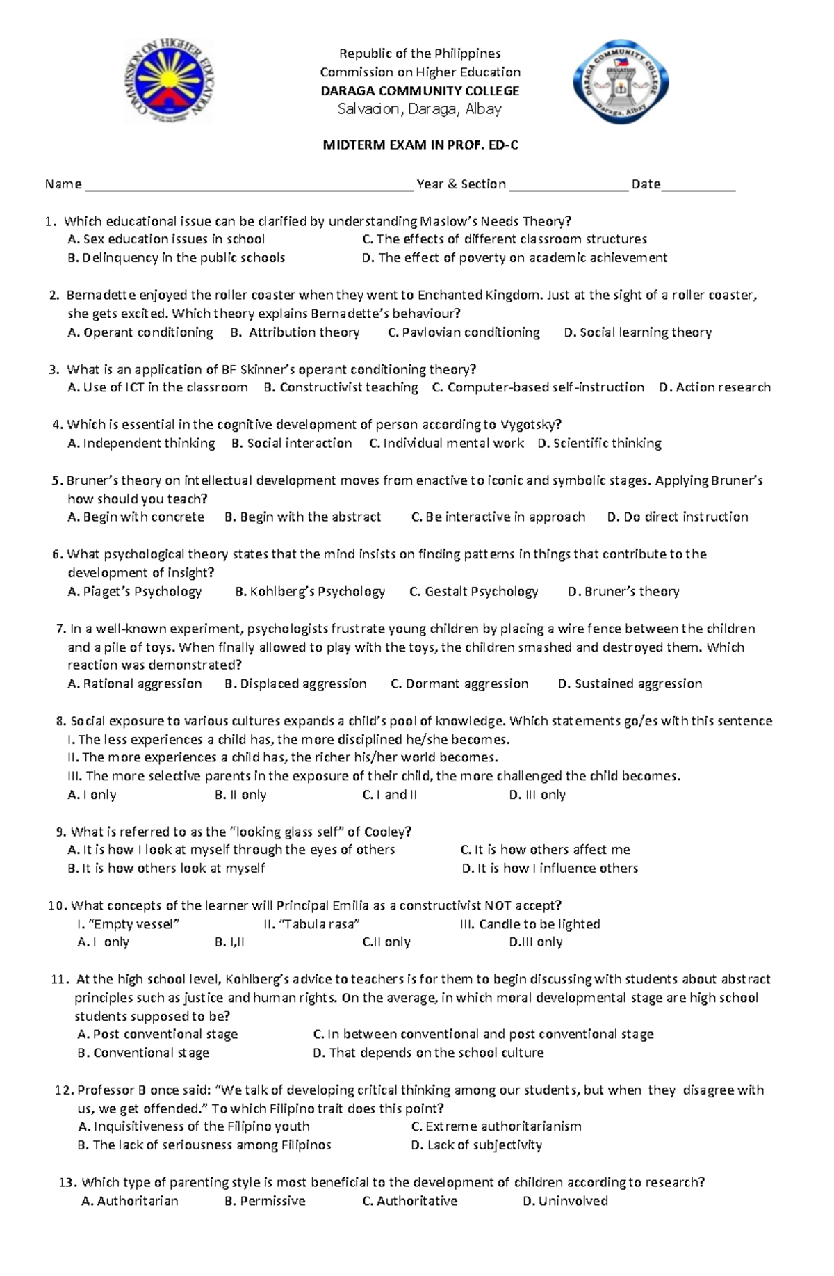 Final Exam Notes - Prof. Ed-C: Key Concepts & Theories - Studocu
