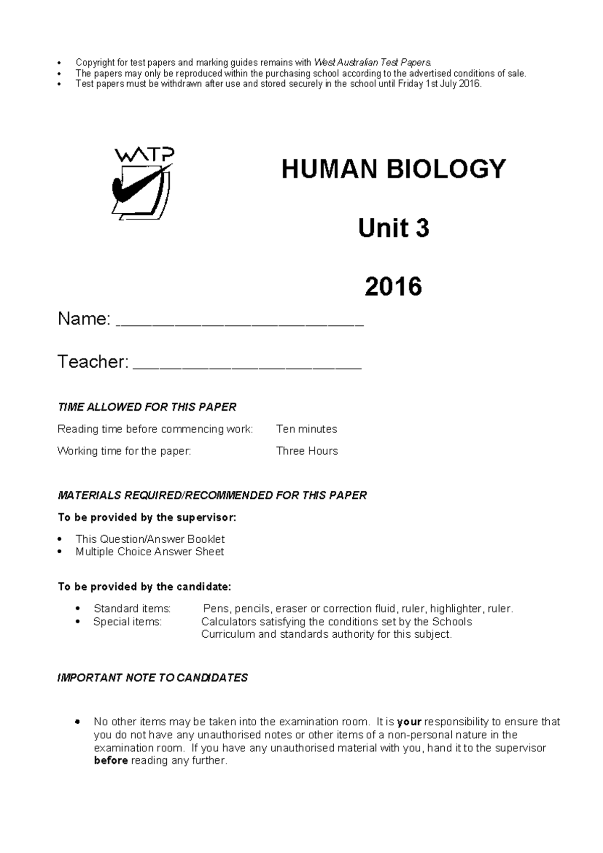 2016 HUMAN BIOLOGY Unit 3 Exam Paper and Marking Guide - Studocu