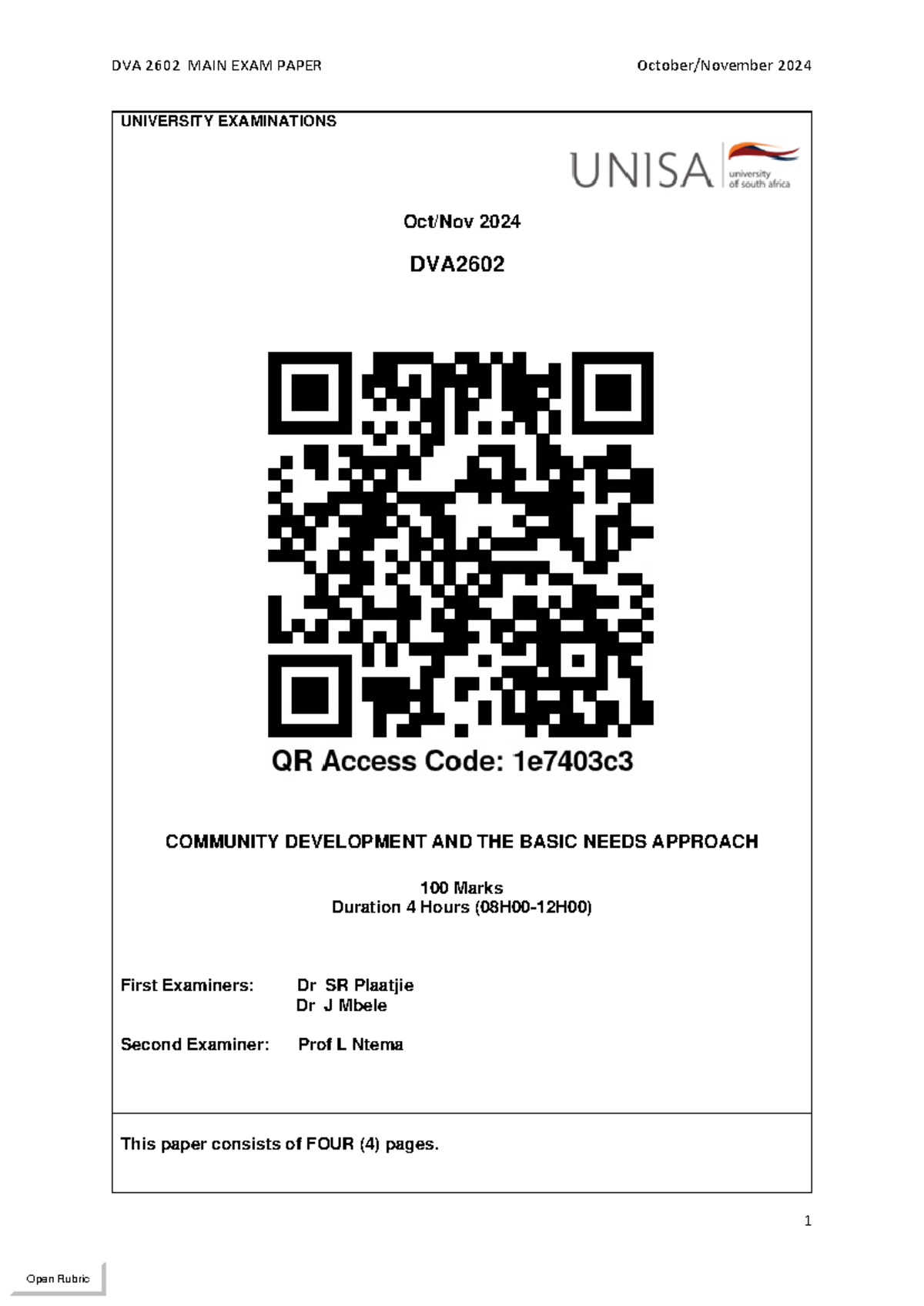 DVA 2602 Final Exam Guidelines: Community Development (Oct/Nov 2024 ...