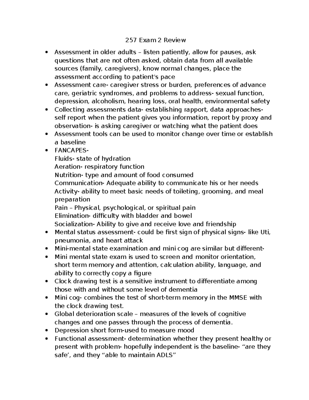 Exam 2 Key Concepts NUR 257 - 257 Exam 2 Review Assessment in older ...