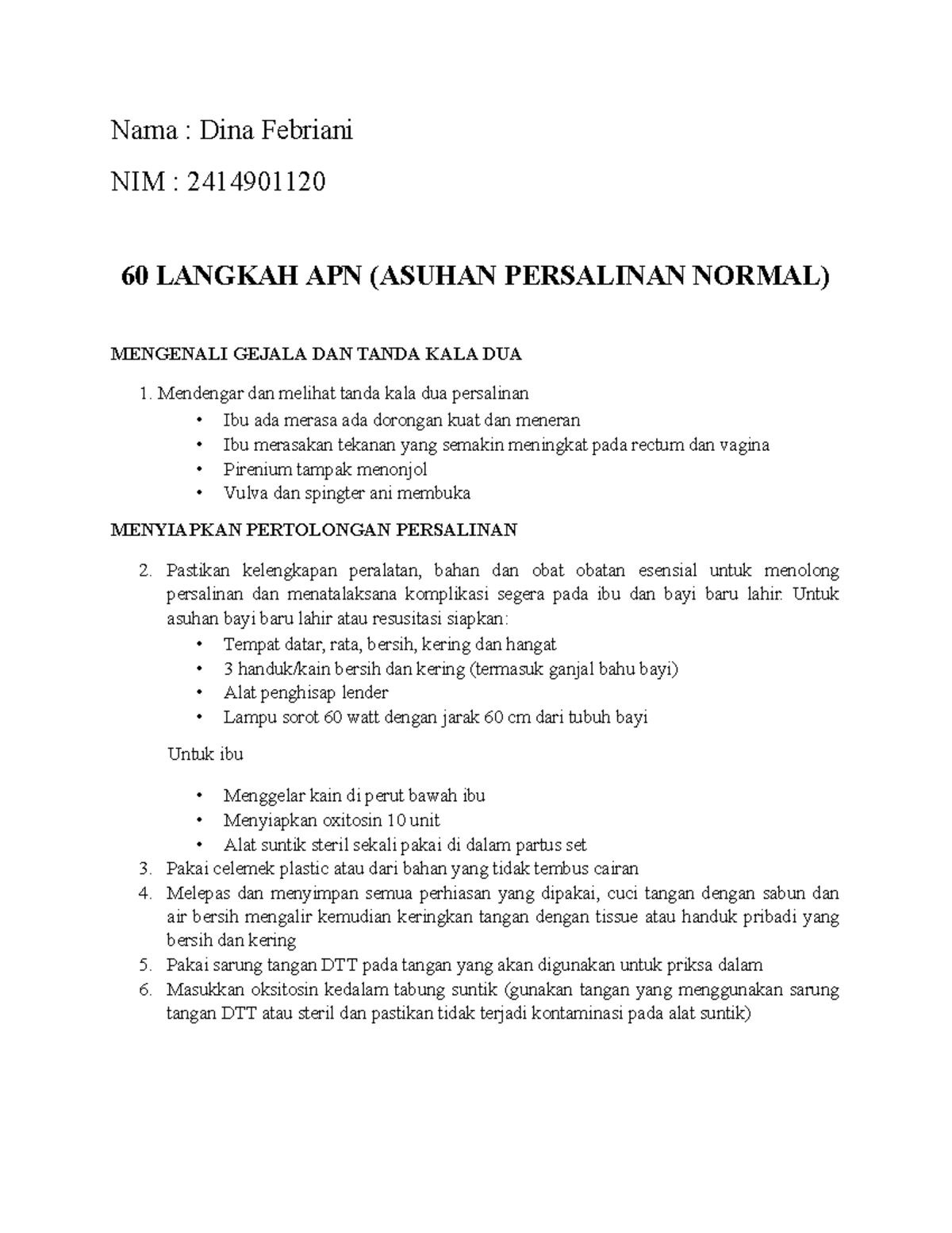 Langkah APN: Asuhan Persalinan Normal dan Manajemen Kala Tiga - Studocu