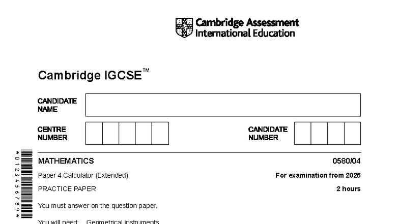 Mathematics IGCSE 0580/04 Practice Paper 4 (Extended, 2025) - Studocu