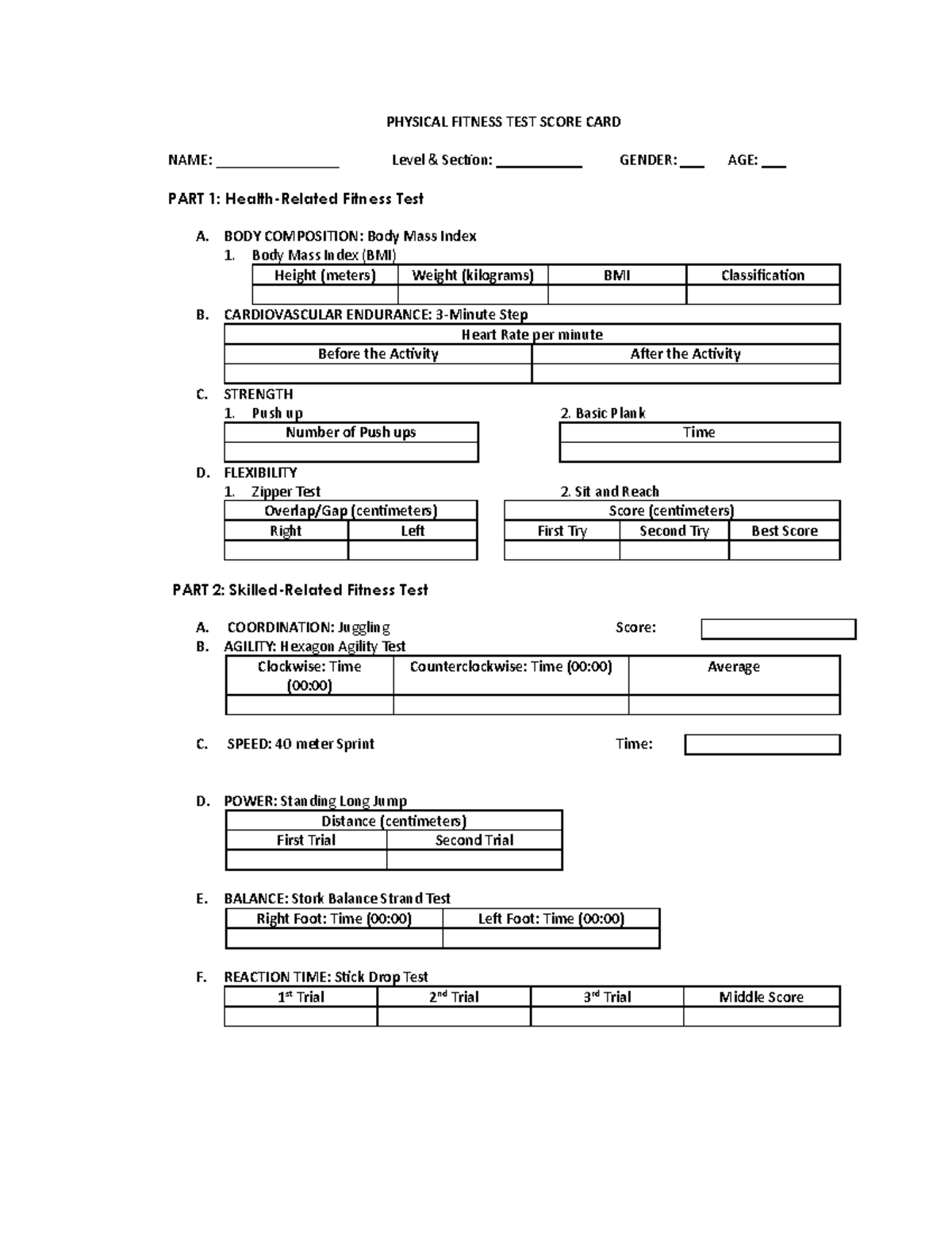 Physical Fitness TEST Score CARD - PHYSICAL FITNESS TEST SCORE CARD ...