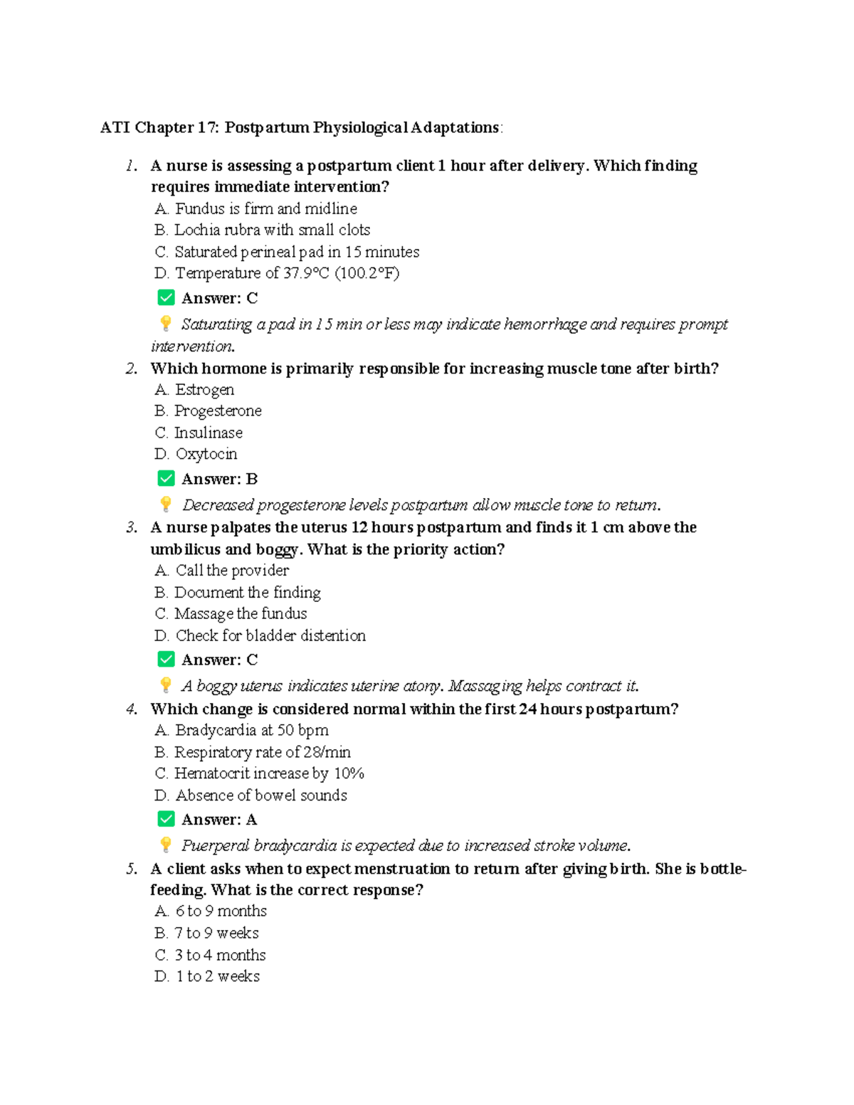 ATI Chapter 17: Postpartum Physiological Adaptations Study Guide - Studocu