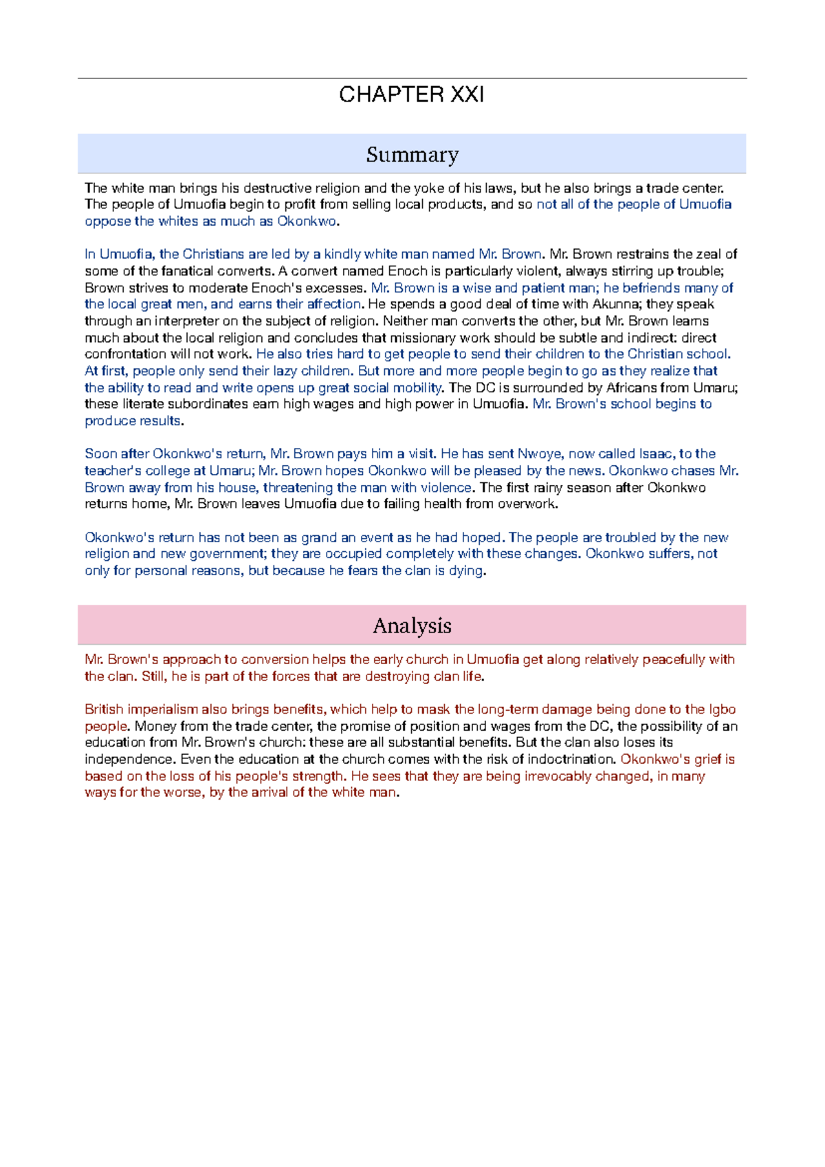 CHAPTER XXI Analysis: The Impact of Colonialism in Umuofia - Studocu