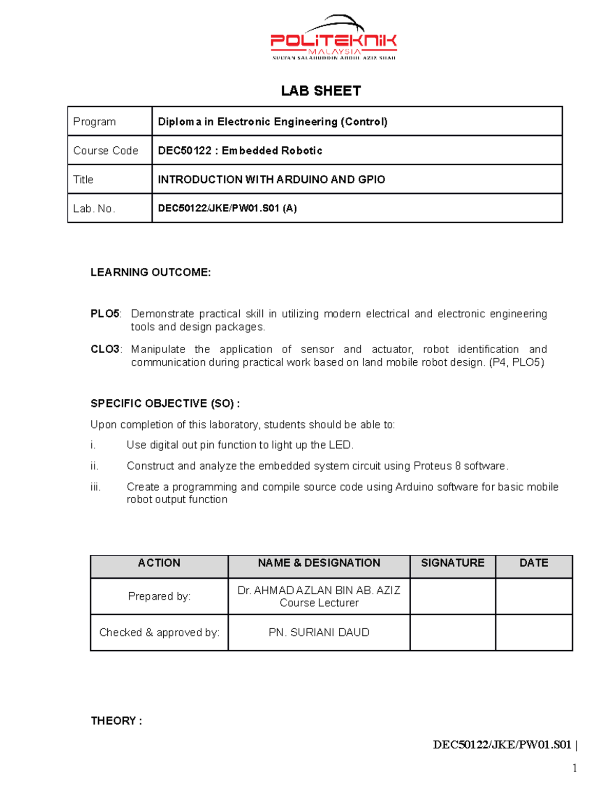 PW1 Embedded Robotic DEC50122 - LAB SHEET Program Diploma in Electronic Engineering (Control ...
