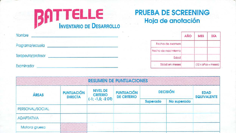Battelle. Prueba de screening. Hoja de anotación v - BATTELLE ...