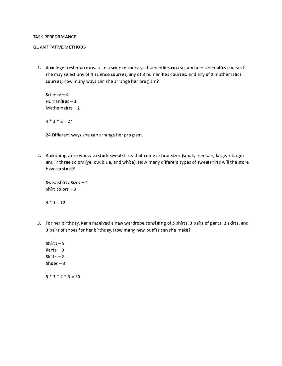 TP Quantitative Methods Midterm: Task Performance Examples - Studocu