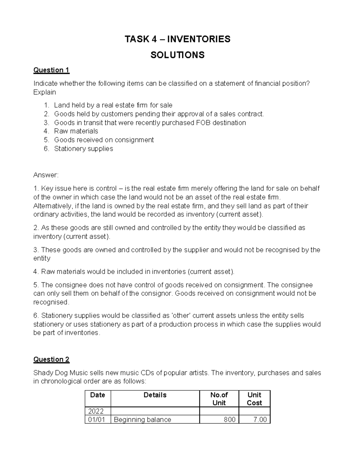 TASK 4 - Inventory Management Solutions & Calculations - Studocu