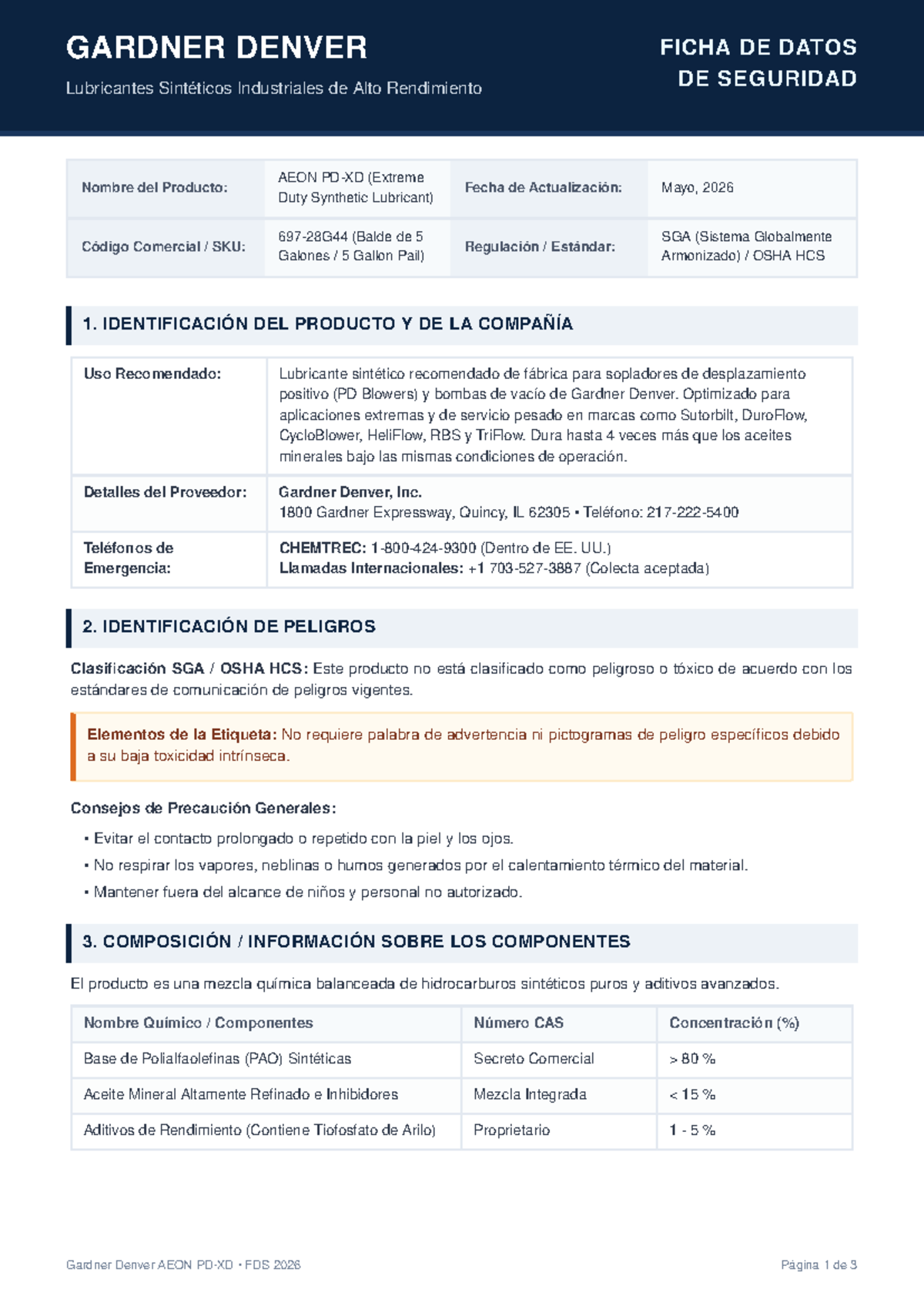 Ficha de Seguridad AEON (Lubricante Sintético) PD XD 2026 - Studocu