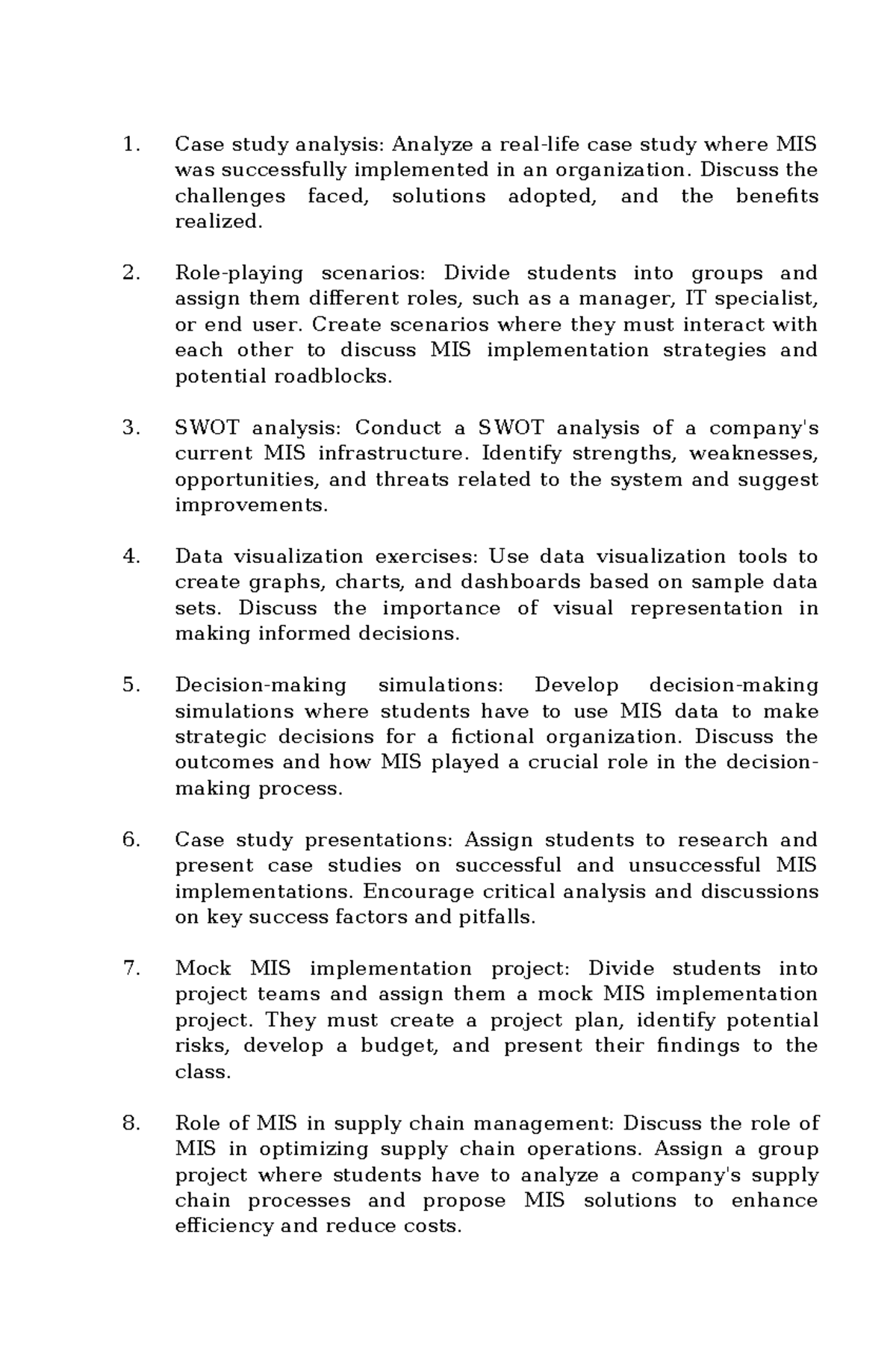 MIS Case Study and Practical Exercises for Implementing Strategies - Studocu