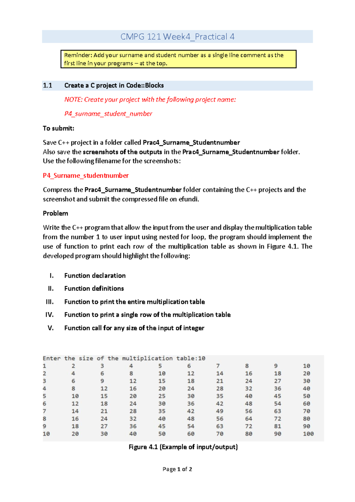 CMPG 121 Week 4 Practical 4 - C++ Program for Multiplication Table ...