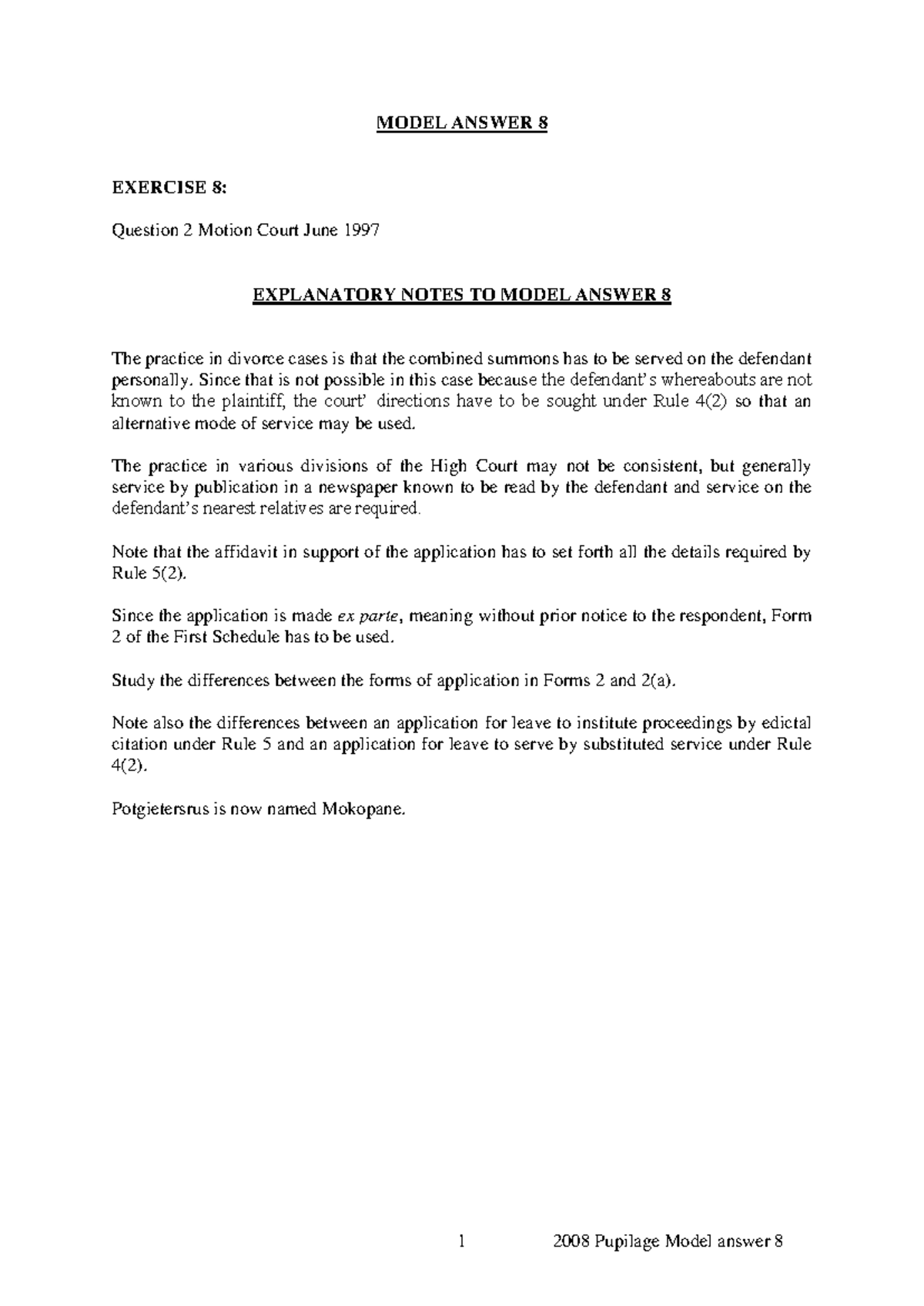 2008 Pupilage Model Answer 8: Explanatory Notes on Motion Court - Studocu