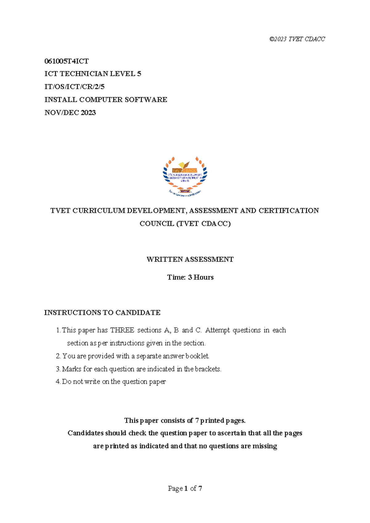TVET CDACC 061005T4ICT ICT Technician Level 5 Software Installation ...