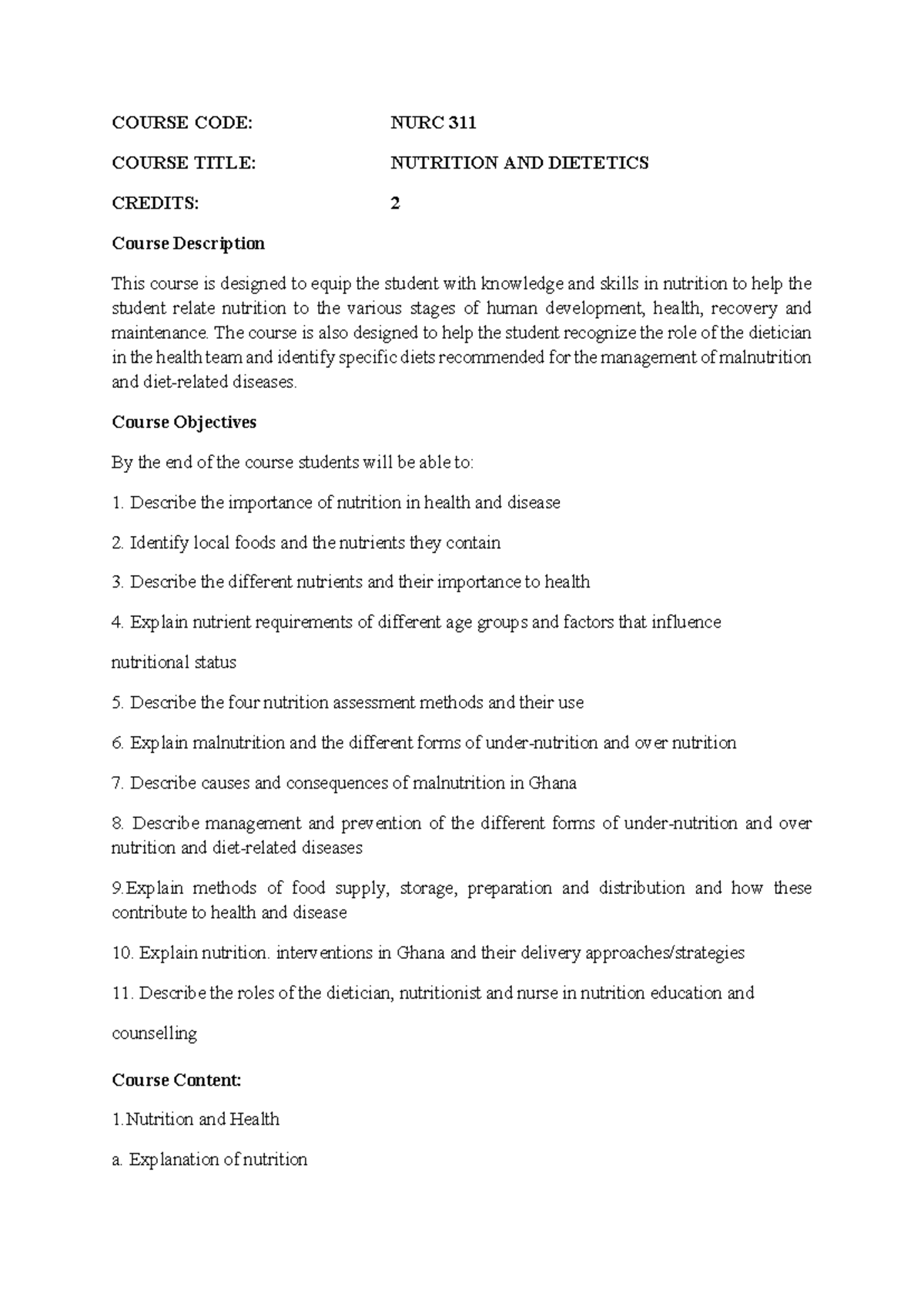 NURC 311 Course Outline: Nutrition & Dietetics Overview - Studocu