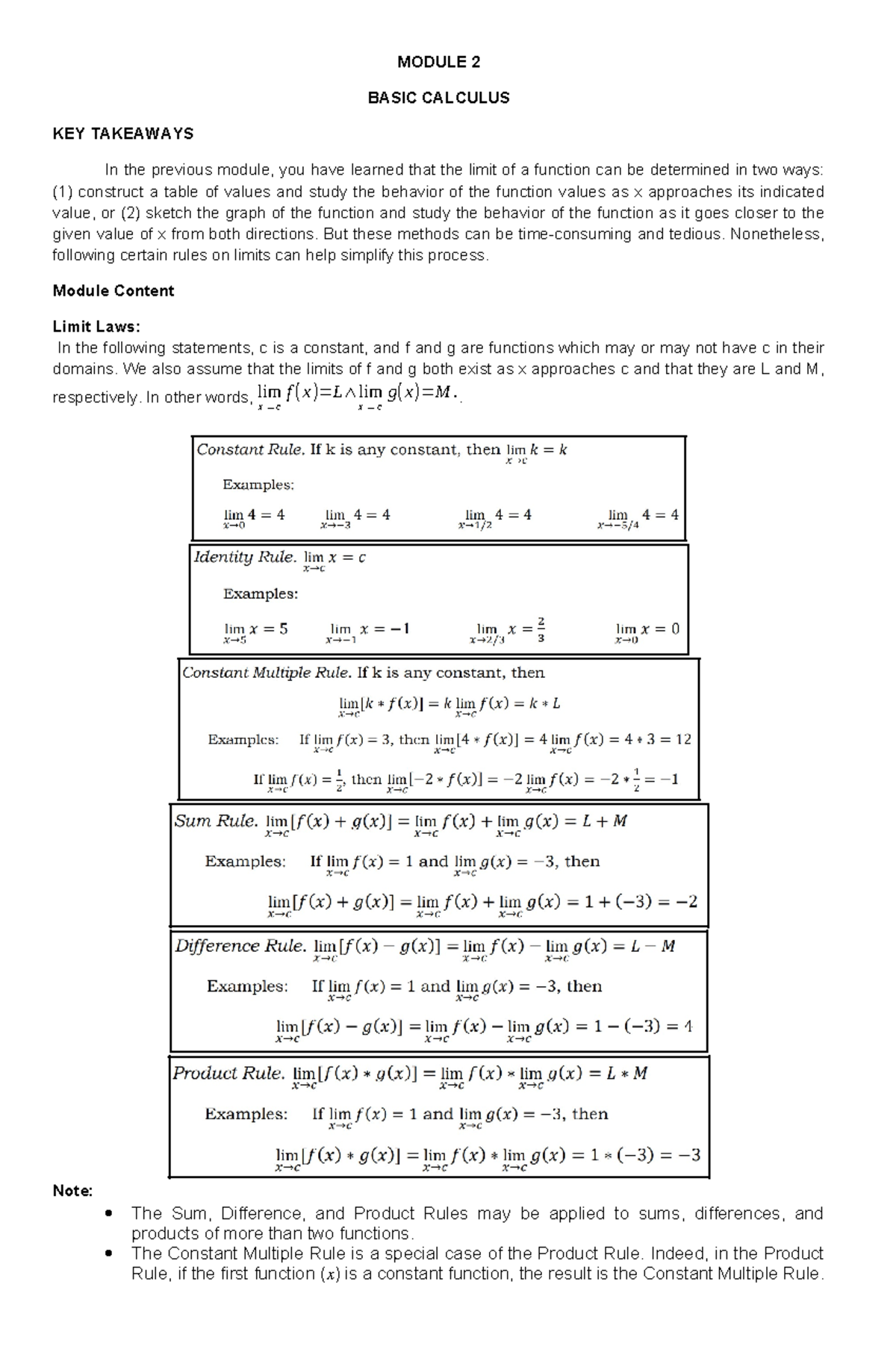 Basic Calculus (Module 2) - MODULE 2 BASIC CALCULUS KEY TAKEAWAYS In the previous module, you ...