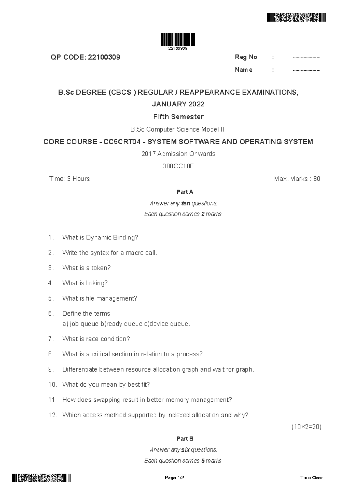 22100309 B.Sc 5th Sem Model Exam: System Software & OS Jan 2022 - Studocu