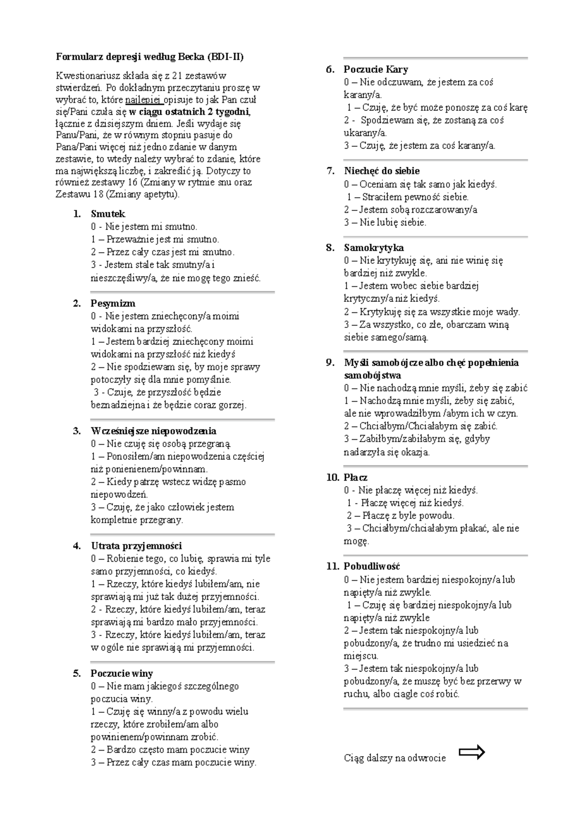 T Test depresji według Becka (BDI-II) - Kwestionariusz i interpretacja ...