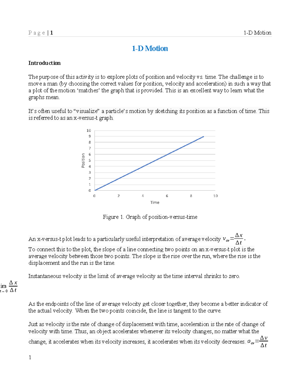 01 1D Motion LAB (Fall 2022 online version) - Tagged - P a g e | 1 1-D ...