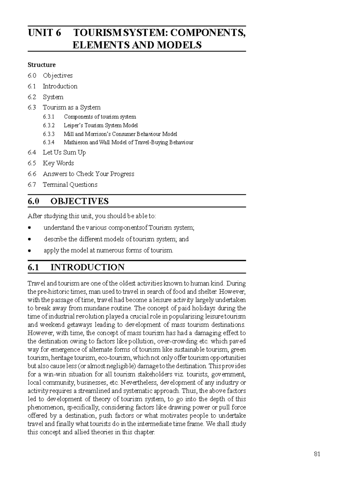 Unit 6: Lecture Notes on Tourism System - Components and Models - Studocu