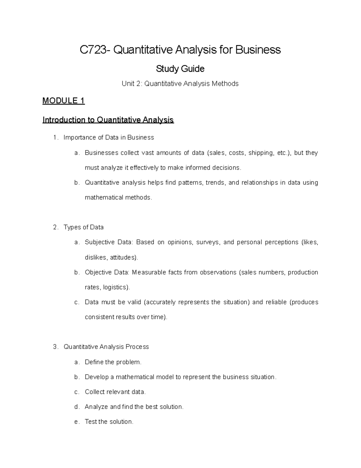 C723- QA for Business Unit 2 Study Guide - C723- Quantitative Analysis ...