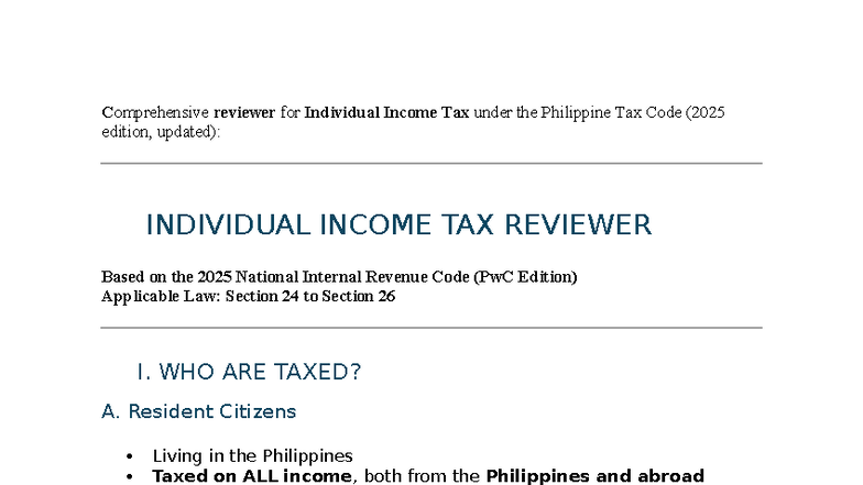 INDIVIDUAL INCOME TAX REVIEWER (2025 Edition) - PH Tax Code - Studocu