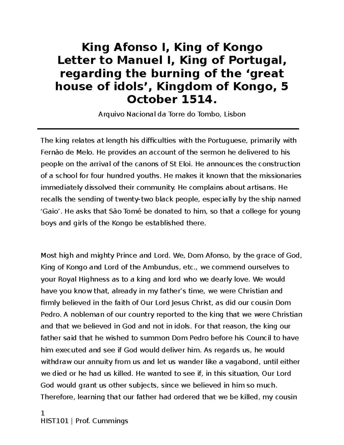 King Afonso I of Kongo: Letter to King Manuel I of Portugal (1514 ...