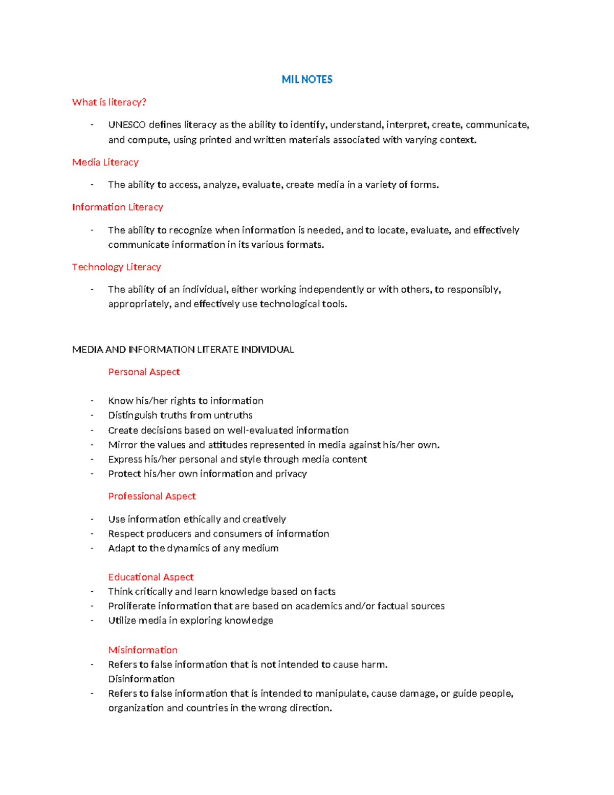 MIL- Notes - MIL NOTES What is literacy? - UNESCO defines literacy as ...