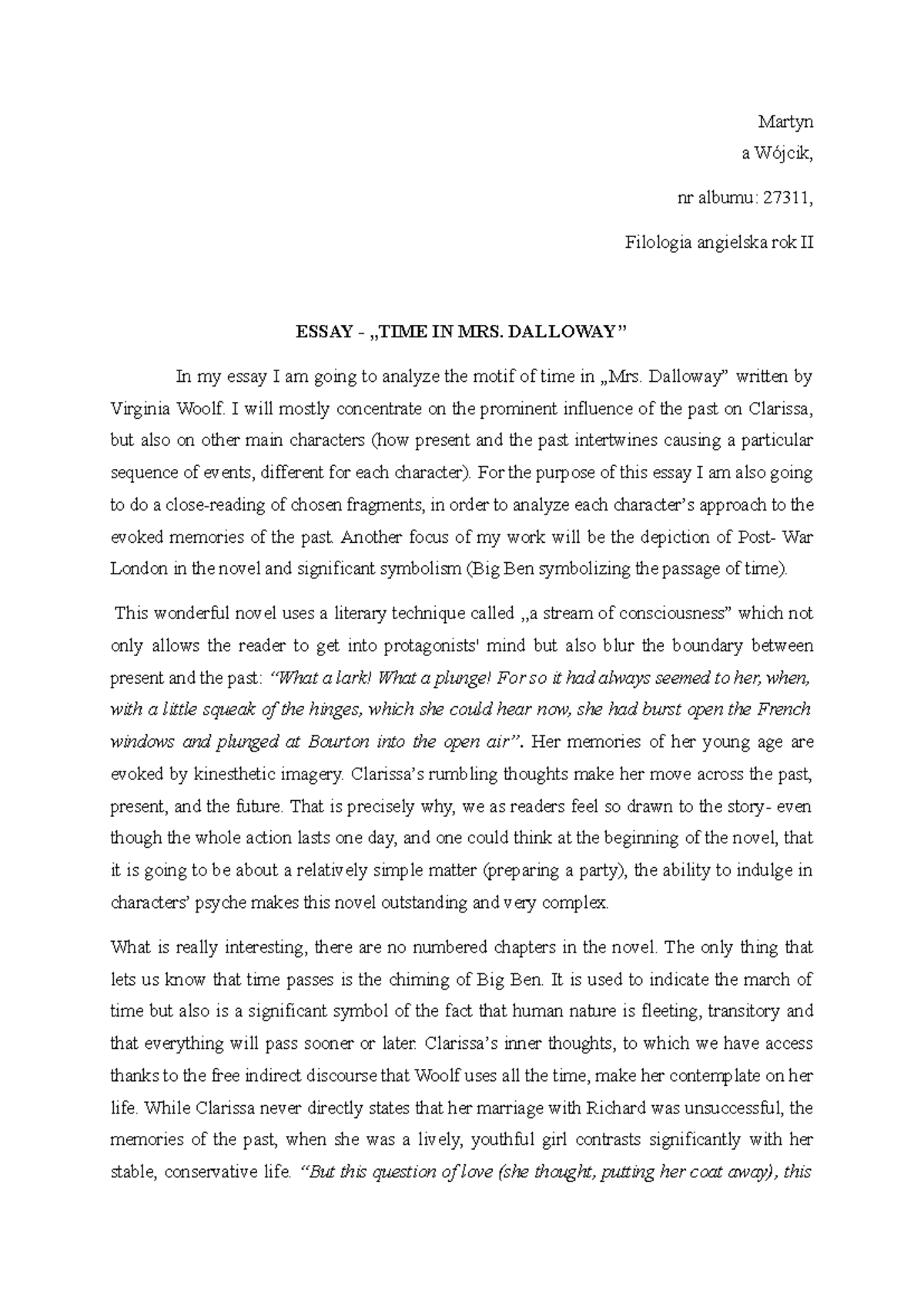 ENG 202 Essay: Analyzing the Motif of Time in Mrs. Dalloway - Studocu