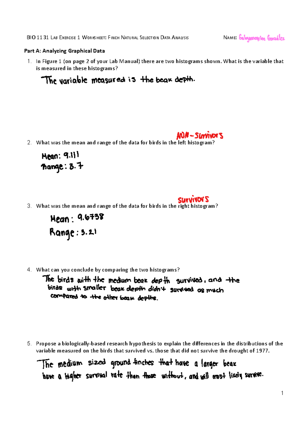 Lab EX 1 - Finch Natural Selection Data Analysis (BIO 1131) - Part A ...