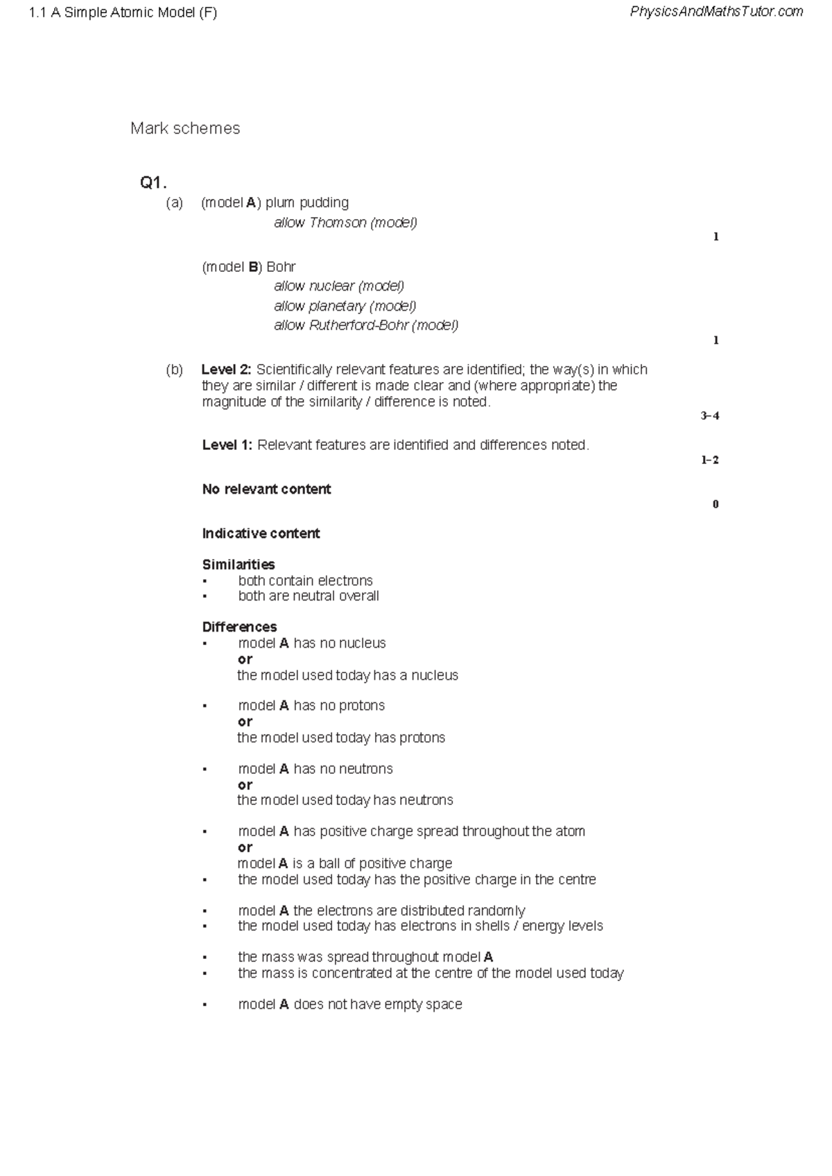 1.1 A Simple Atomic Model (F) Mark Schemes and Solutions - Studocu