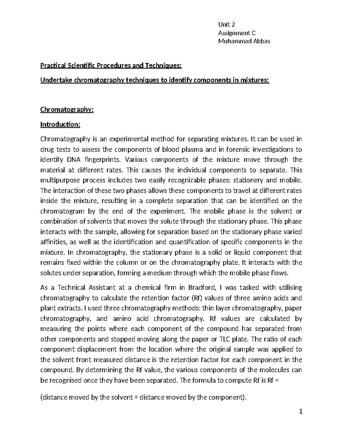 Unit 2 Assignment C: Chromatography Techniques for Mixture Analysis ...