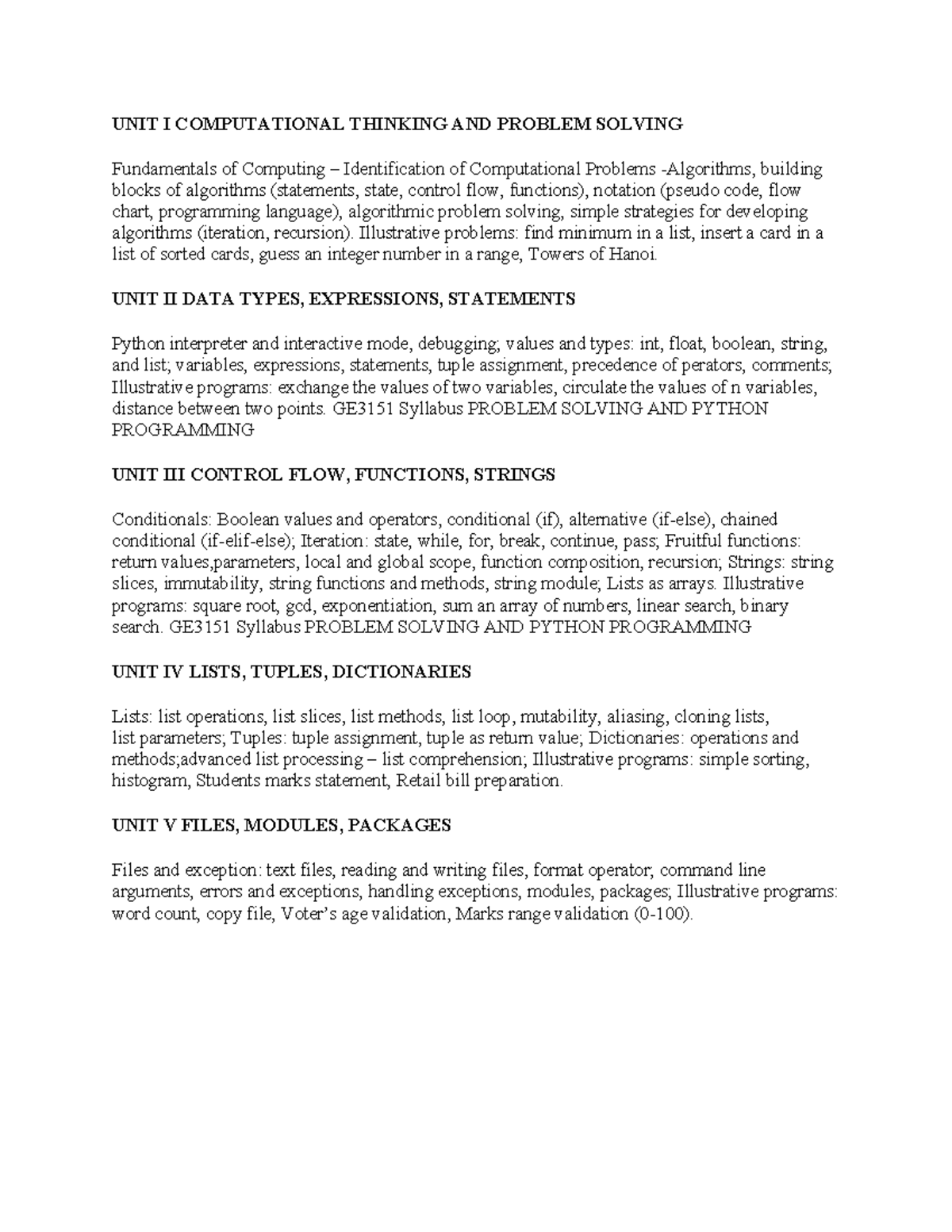 PSPP Syllabus - NOTES - UNIT I COMPUTATIONAL THINKING AND PROBLEM ...