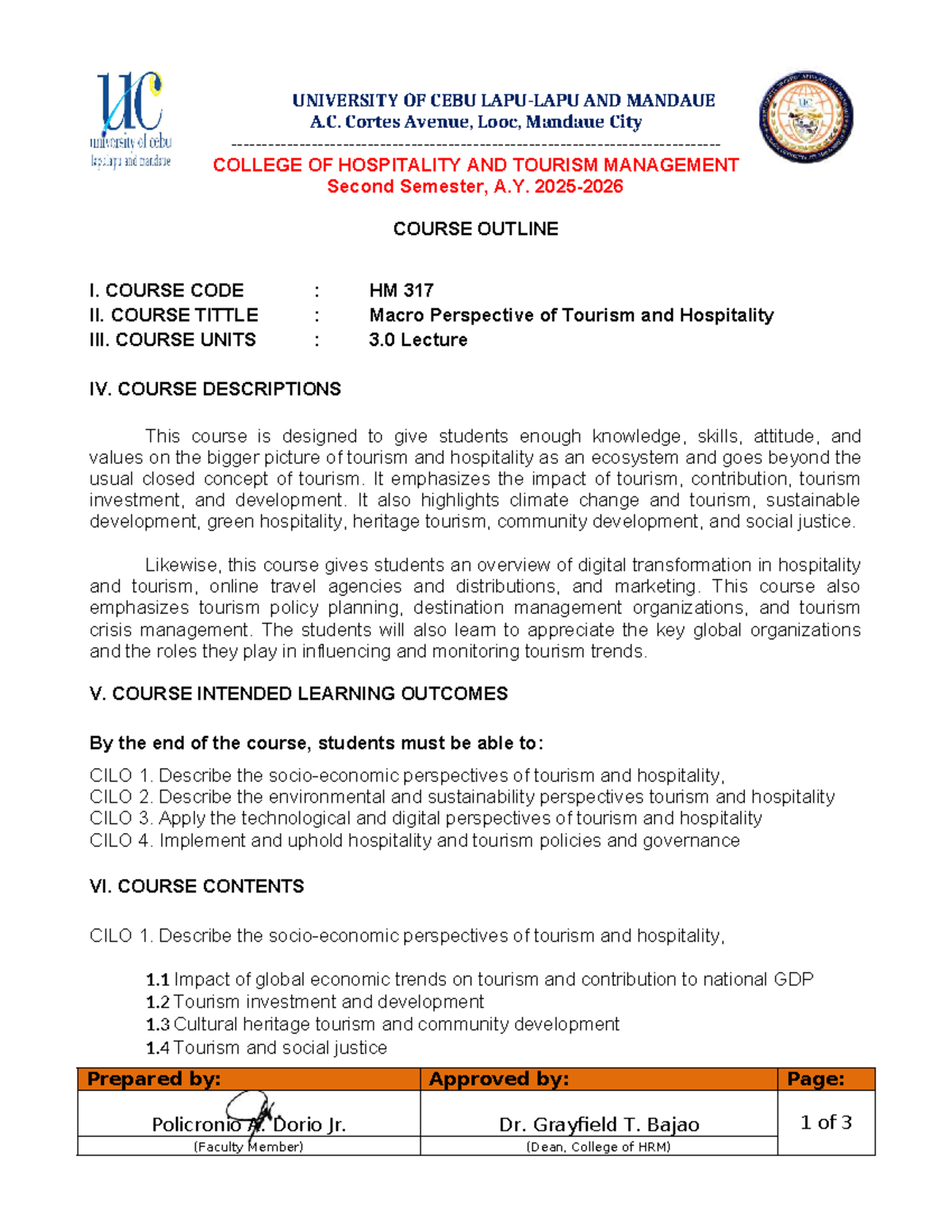 HM 317 - Macro Perspective of Tourism and Hospitality Course Outline ...