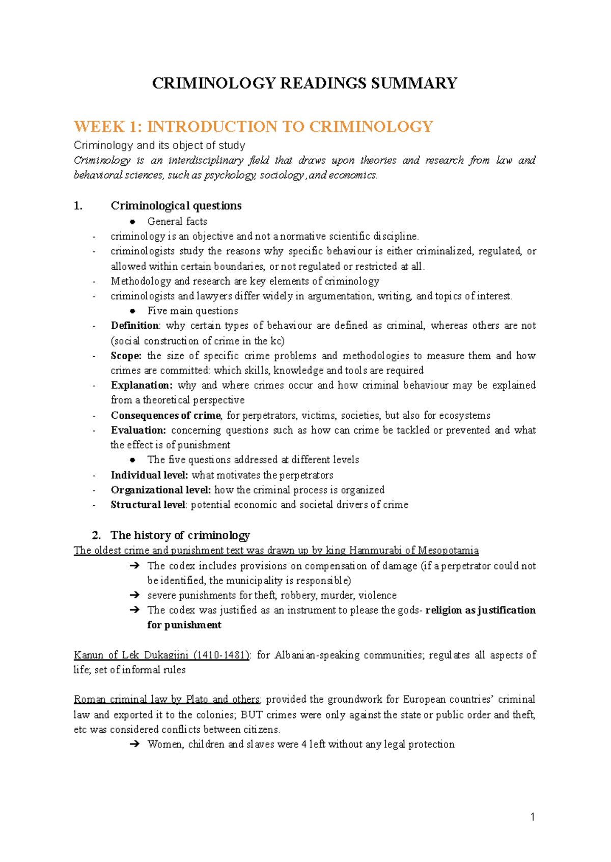 CRIM 101: Week 1 Criminology Overview and Key Concepts Summary - Studocu