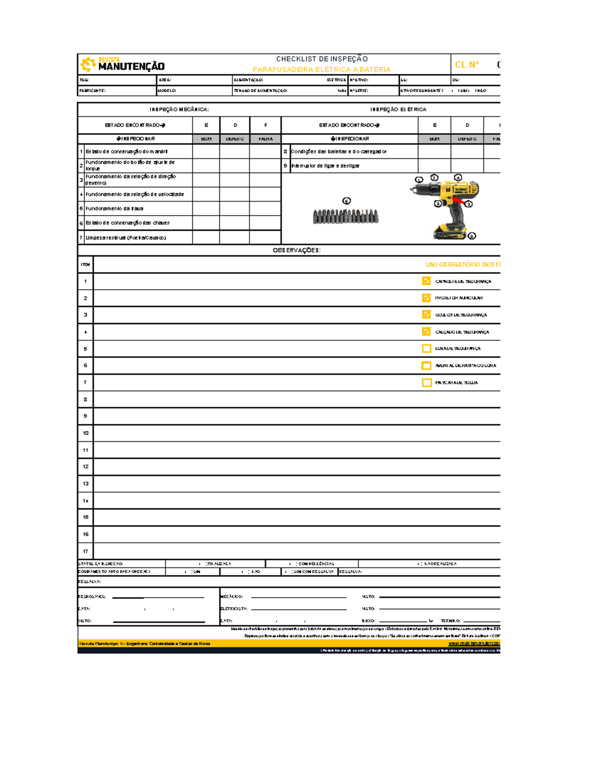 Checklist de Inspeção para Parafusadeira Elétrica a Bateria - Studocu
