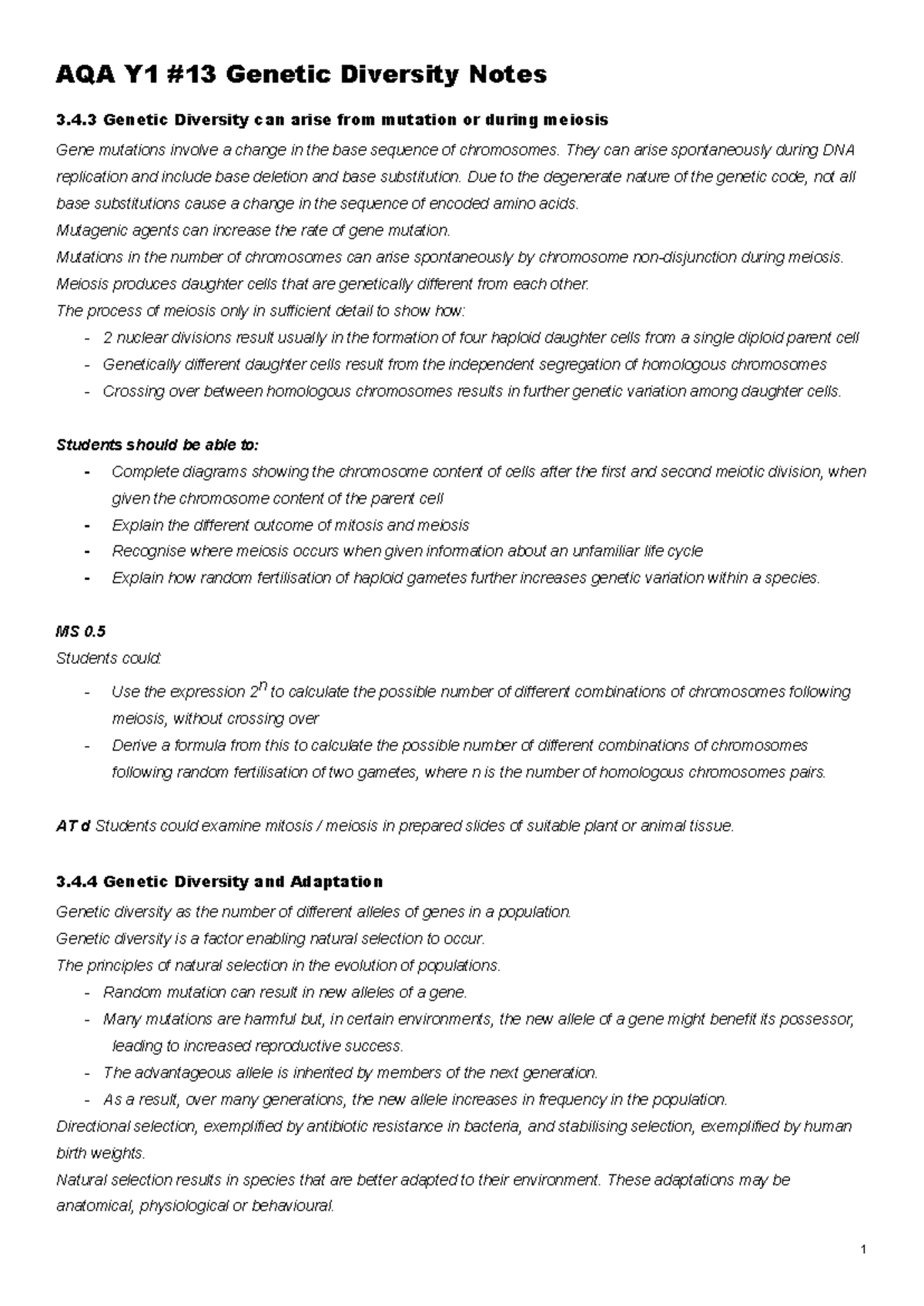 Y1 13 Genetic Diversity: Mechanisms, Mutations, and Natural Selection ...
